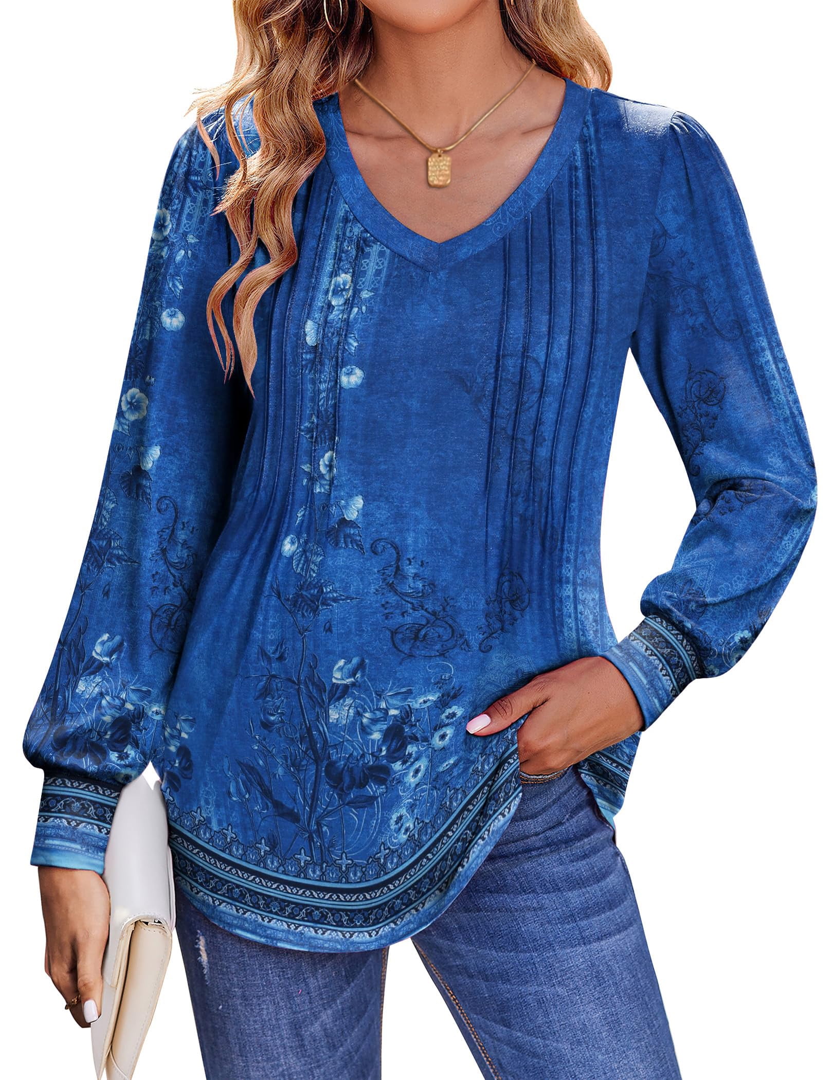 Fantaslook Long Sleeve Shirts for Women, Fall Tops, Dressy Casual Blouses, Pleated V Neck Tunics ...