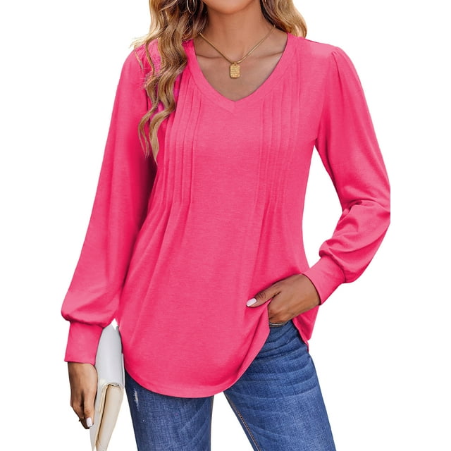 Fantaslook Long Sleeve Shirts for Women Fall Tops Dressy Casual Blouses Pleated V Neck Tunic ...