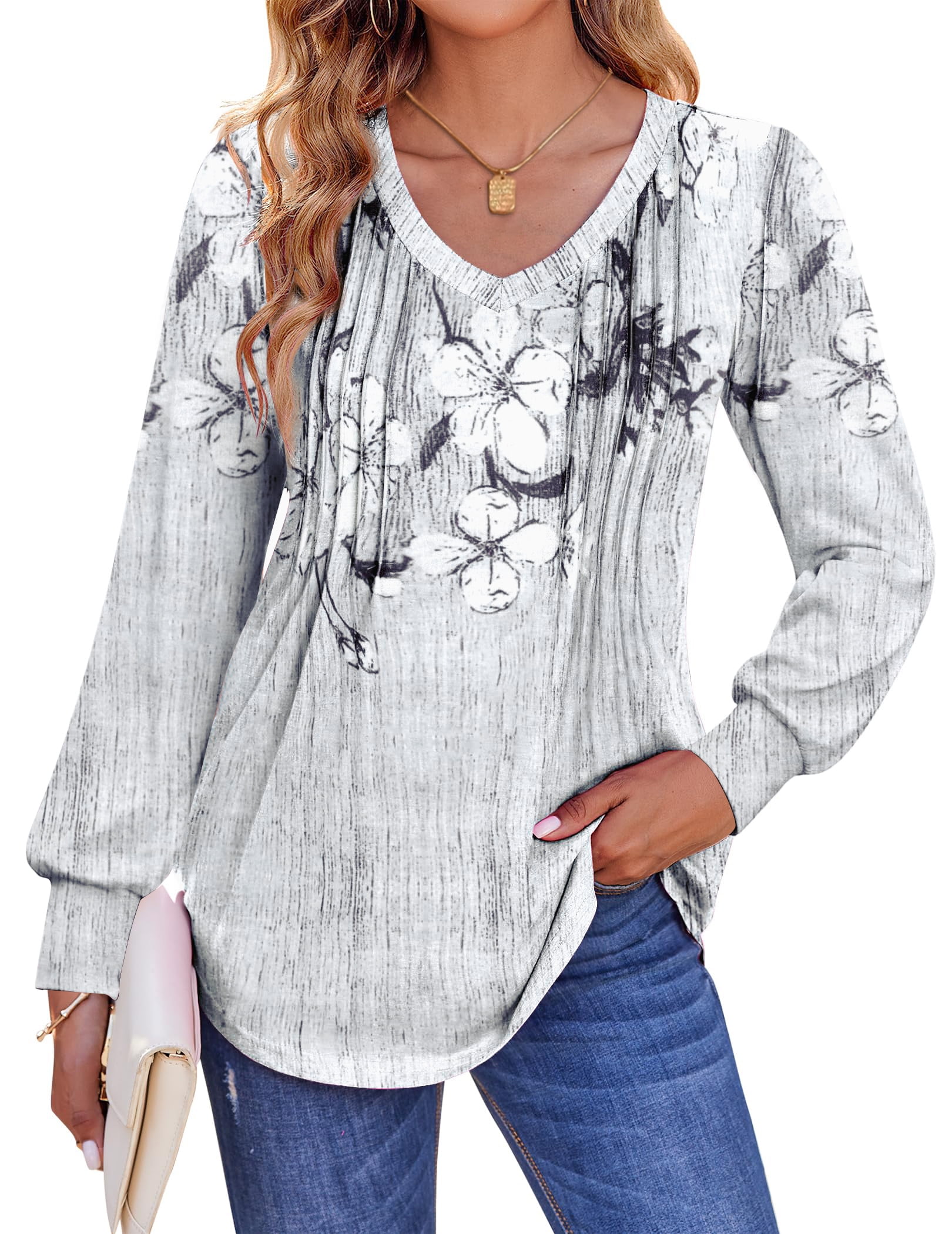 Fantaslook Long Sleeve Shirts for Women Fall Tops Dressy Casual Blouses Pleated V Neck Tunic ...