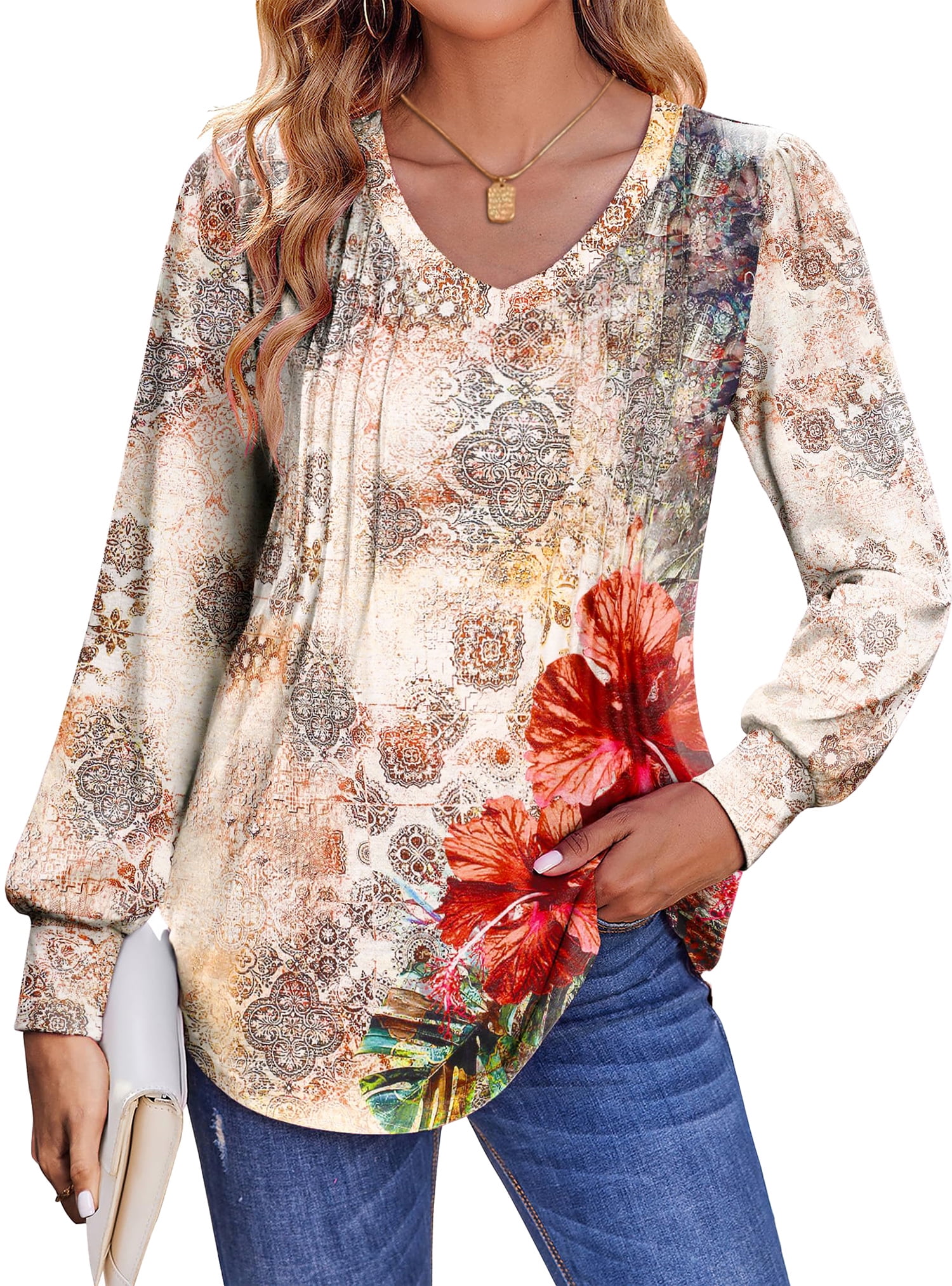 Fantaslook Long Sleeve Pleated V Neck Blouses, Casual Tops for Women ...