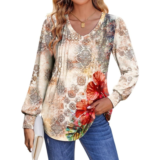 Fantaslook Long Sleeve Shirts for Women Fall Tops Dressy Casual Blouses Pleated V Neck Tunic ...