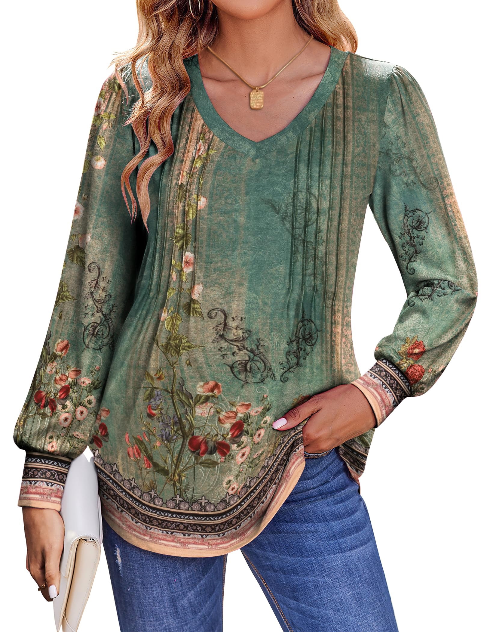 Fantaslook Long Sleeve Shirts for Women Fall Tops Dressy Casual Blouses Pleated V Neck Tunic ...