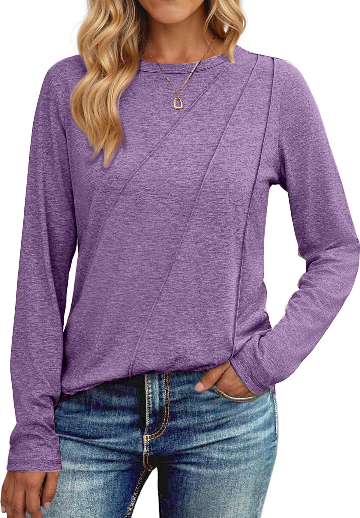 Fantaslook Long Sleeve Shirts for Women Pleated Crew Neck Casual Tops ...