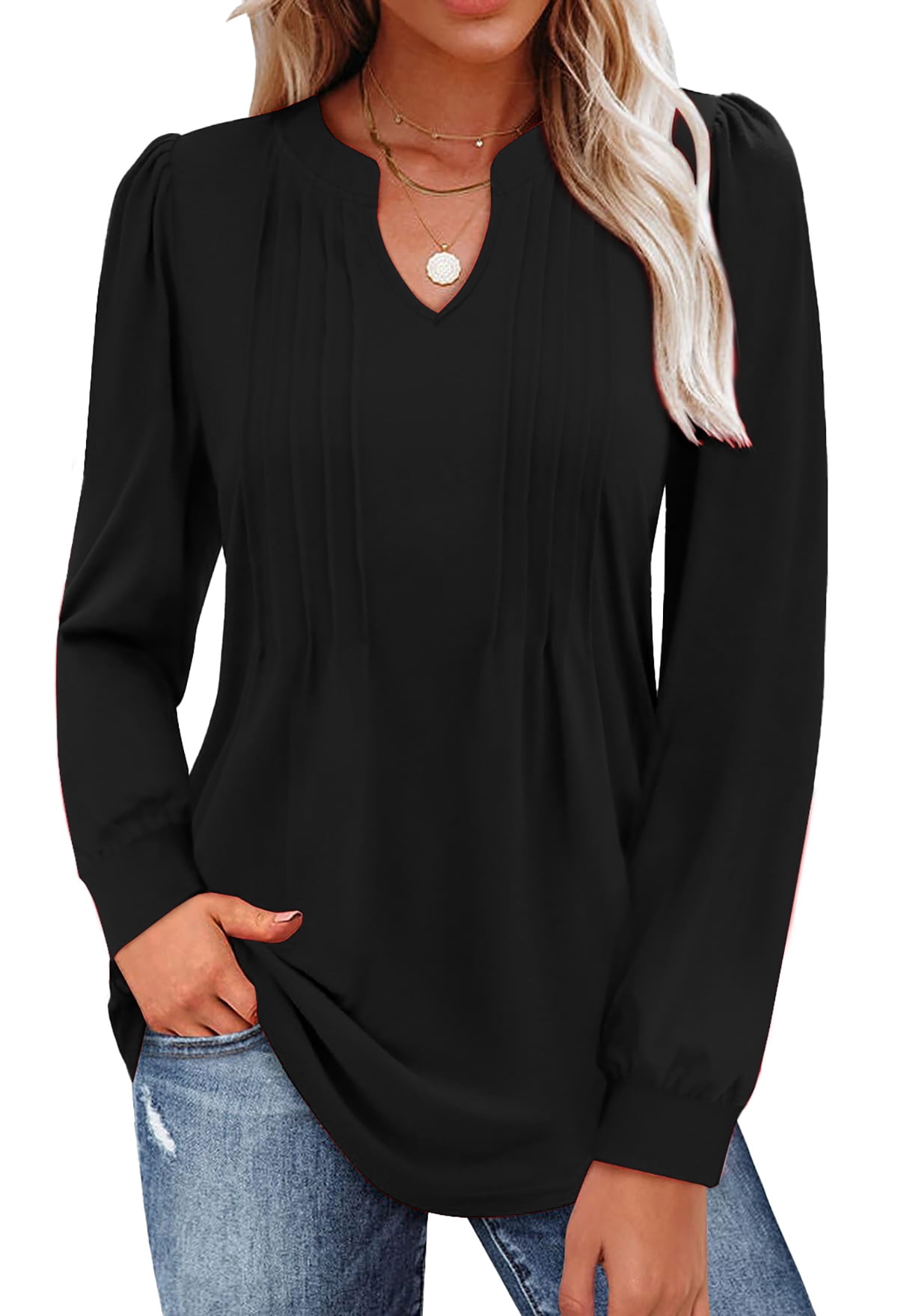 Fantaslook Long Sleeve Shirts for Women Pleated Dressy Casual Blouses Fall V Neck Tunic Tops ...