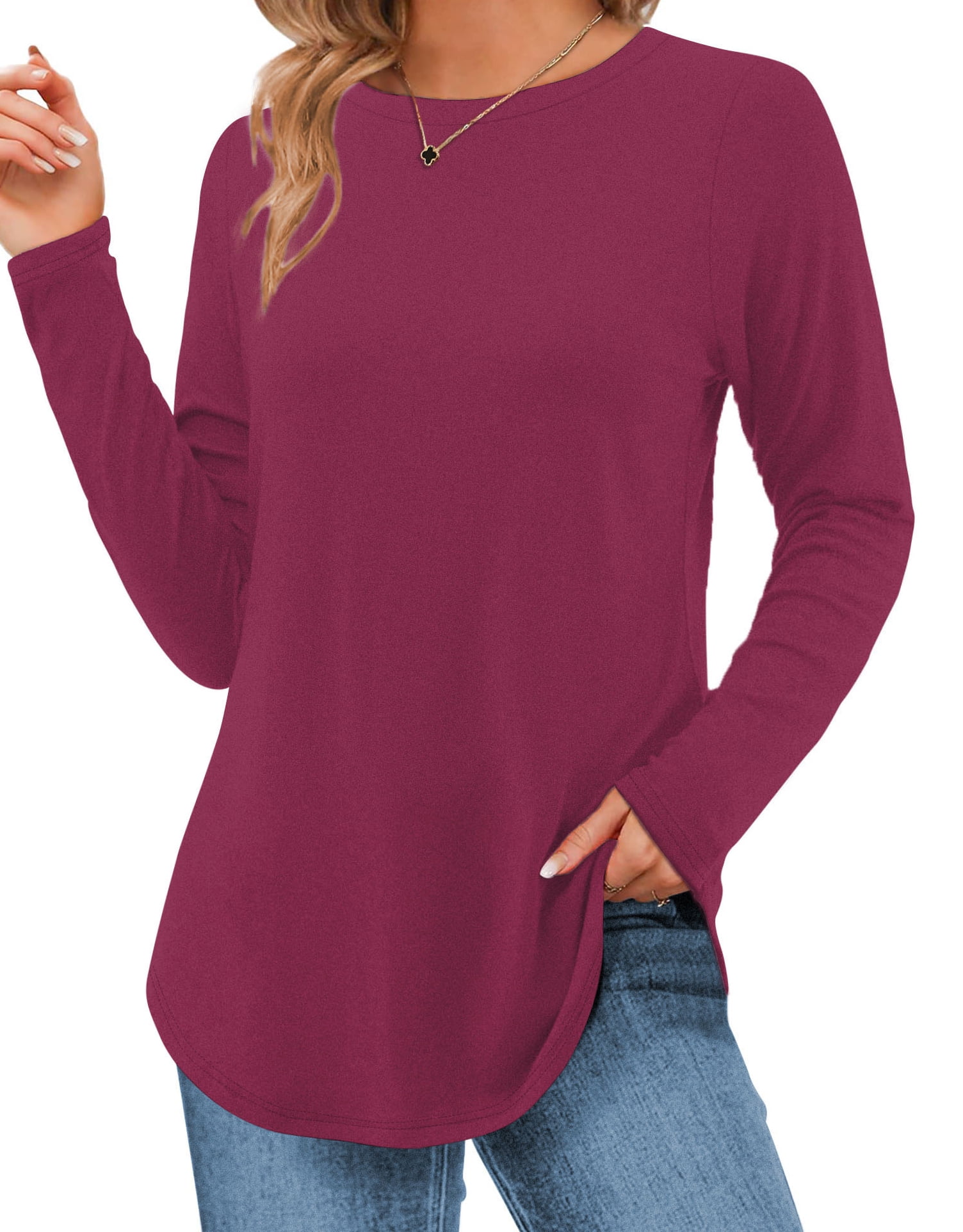 Fantaslook Long Sleeve T Shirts for Women Crew Neck Curve Hem Tunic ...