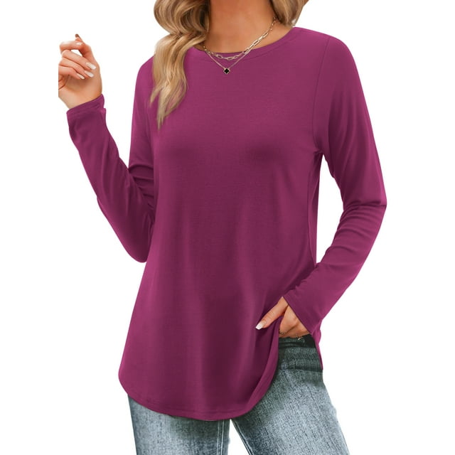 Fantaslook Long Sleeve T Shirts for Women Crew Neck Curve Hem Tunic ...