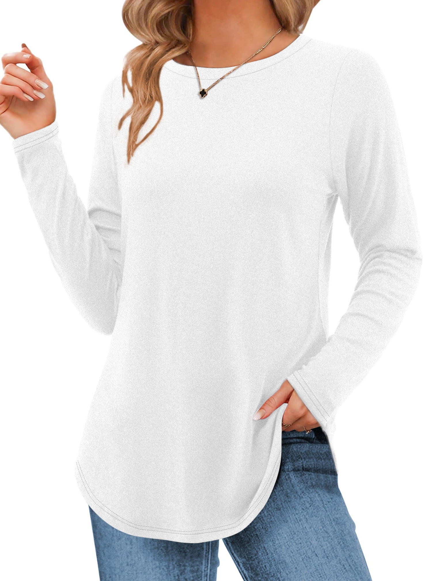 Fantaslook Long Sleeve T Shirts for Women Crew Neck Curve Hem Tunic ...