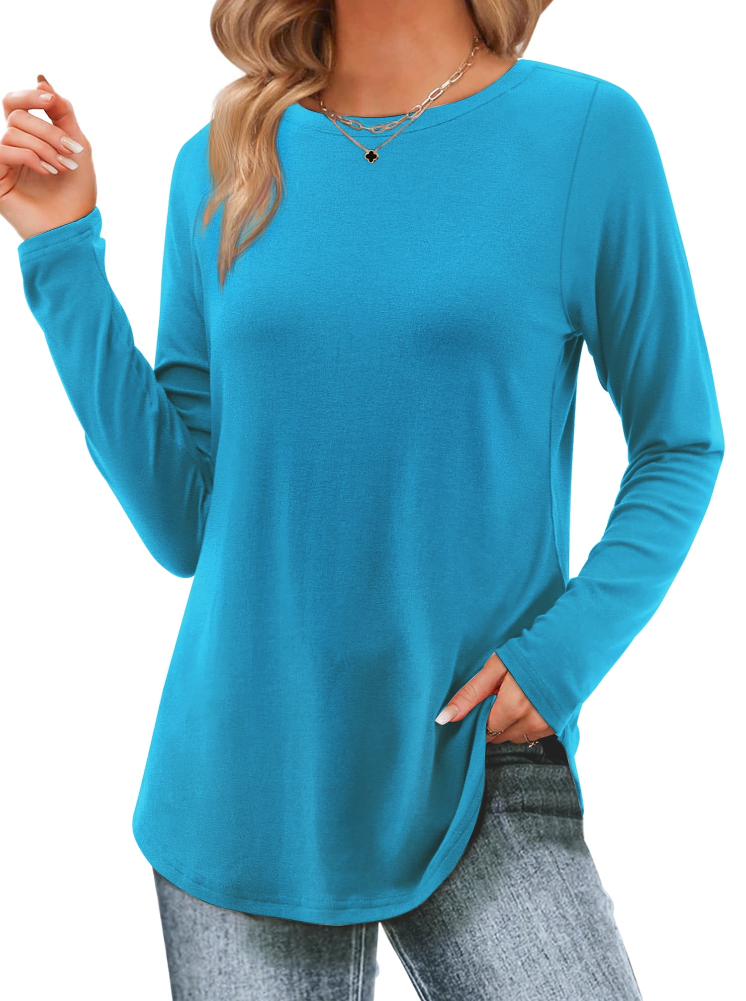 Fantaslook Long Sleeve T Shirts for Women Crew Neck Curve Hem Tunic ...