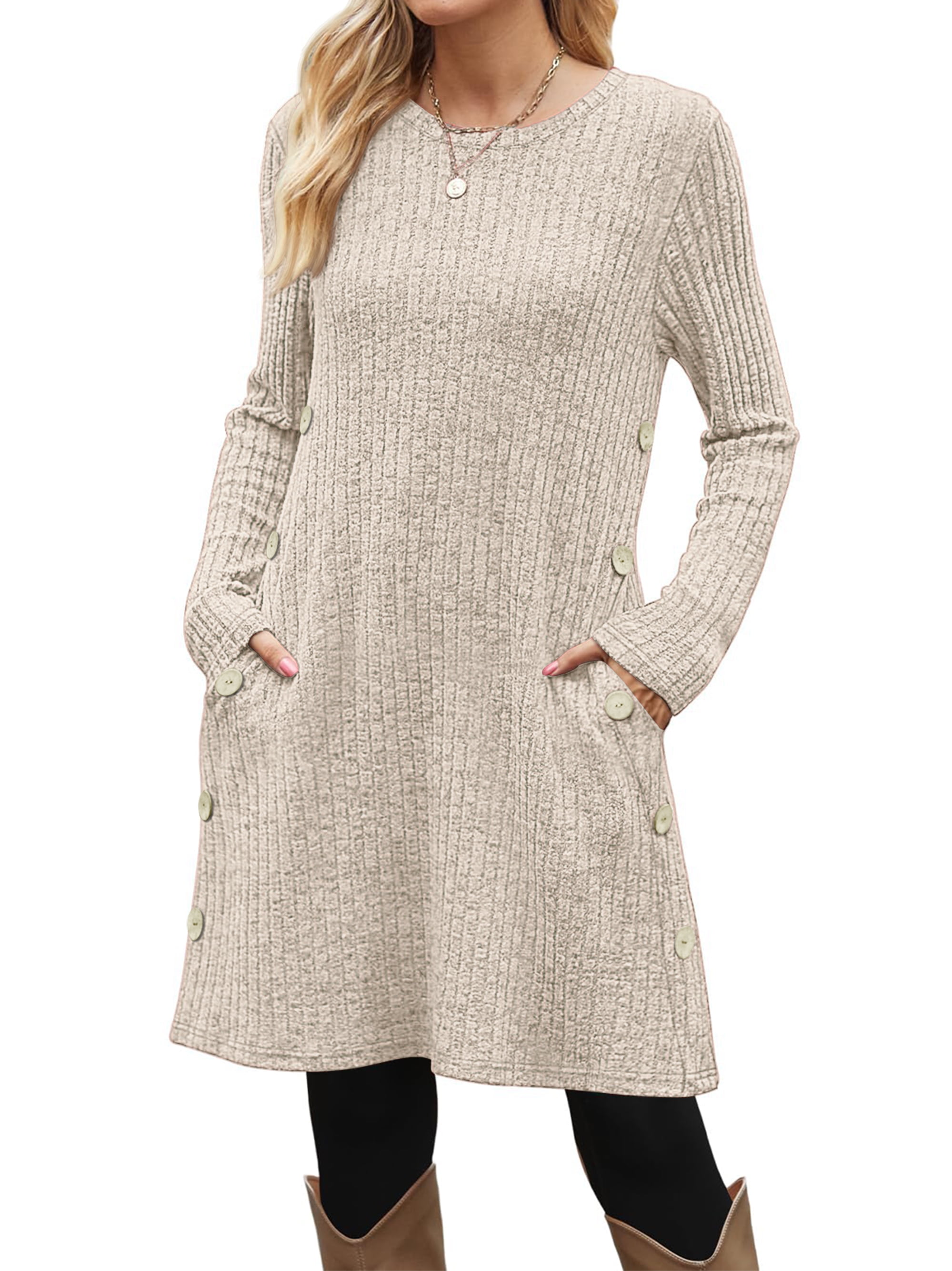 Fantaslook Long Sleeve Womens Dresses Crew Neck Buttons Tunic Sweater ...