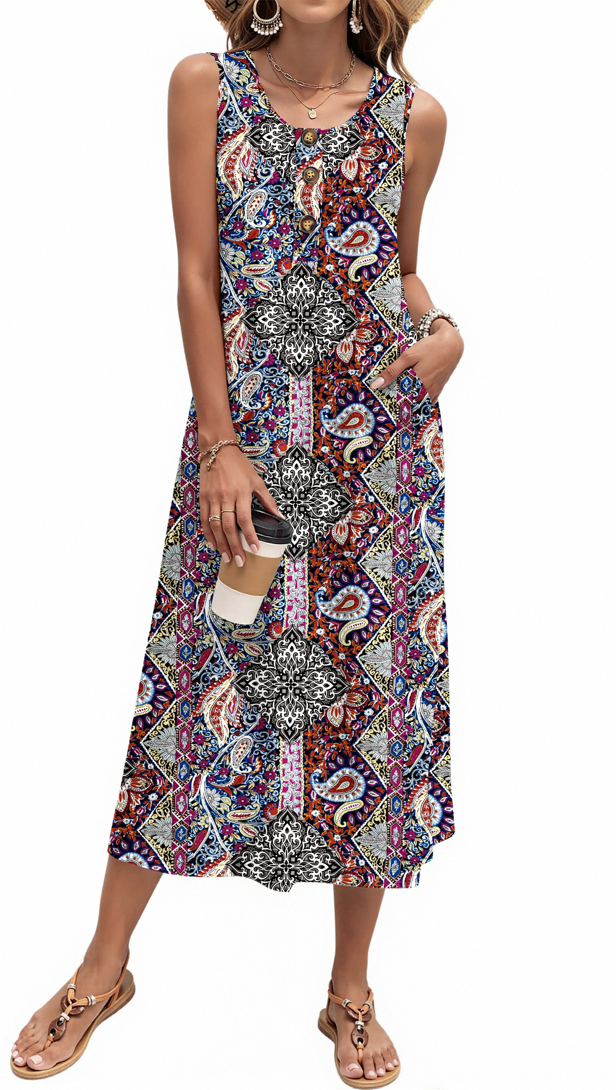 Fantaslook Long Tank Dresses for Women Summer Sleeveless Button Down ...