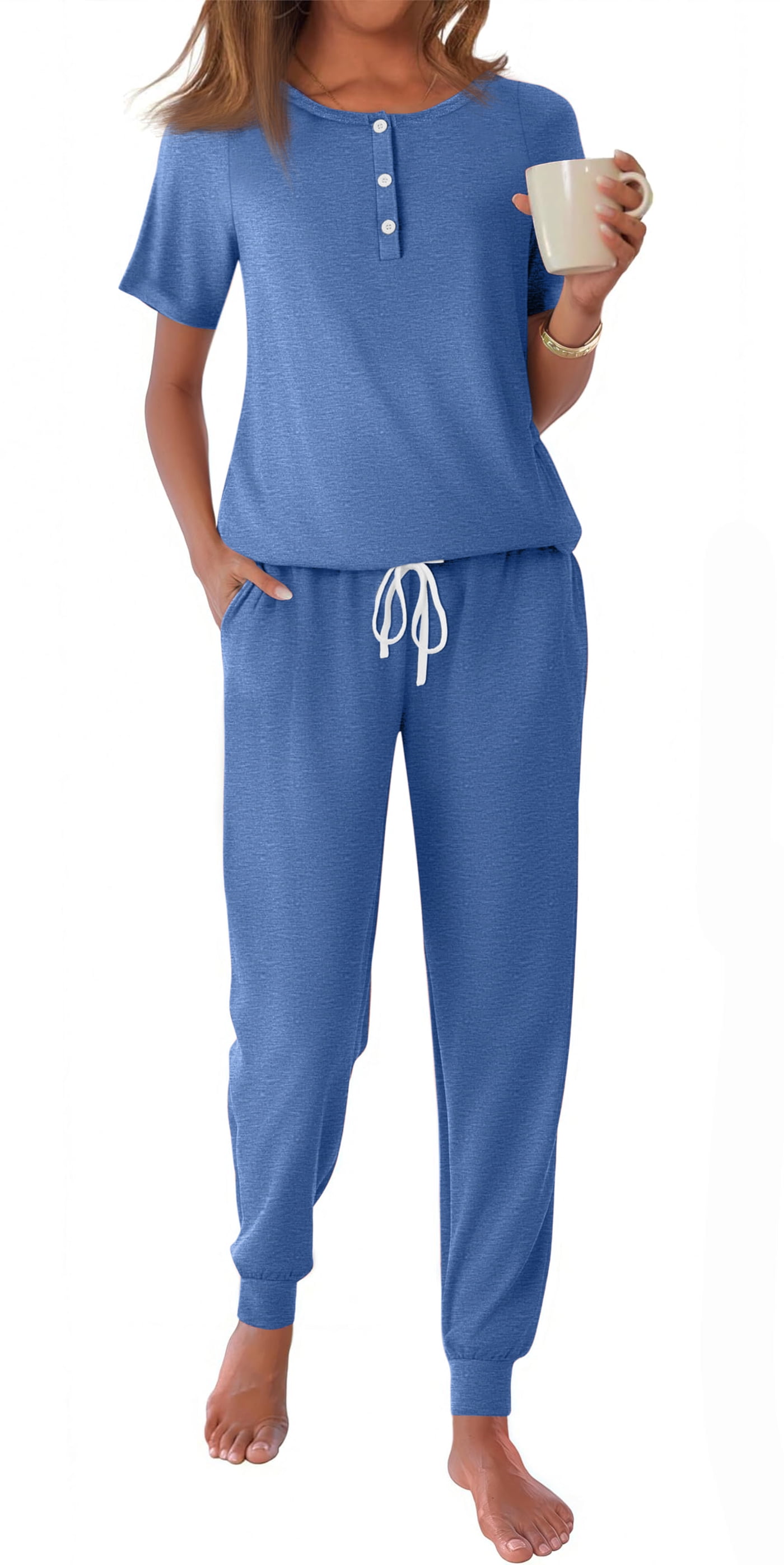 Fantaslook Women's Pajama Sets, Short Sleeve Henley Shirt, Elastic ...