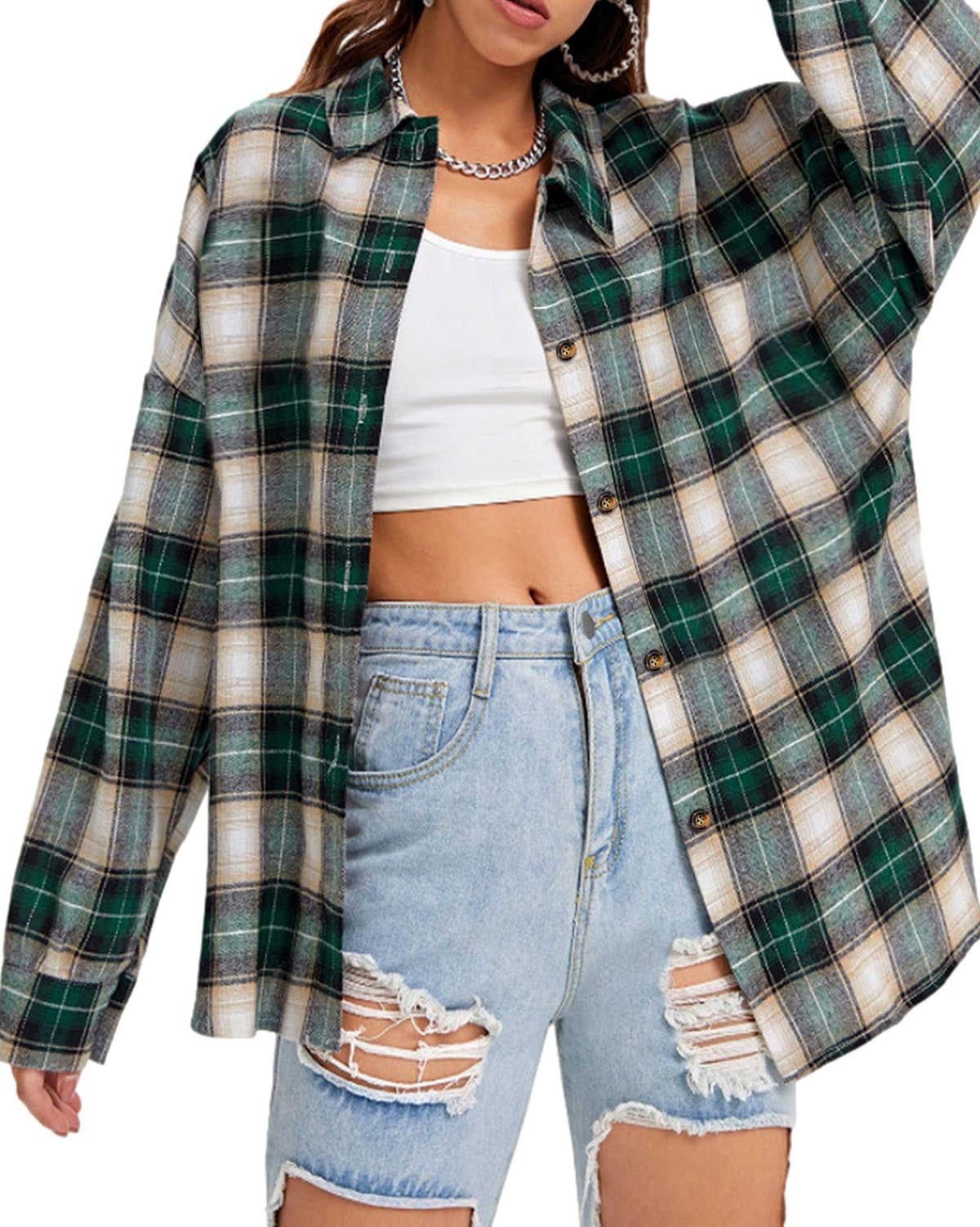 Fantaslook Plaid Flannel Shirts for Women Oversized Long Sleeve Button ...
