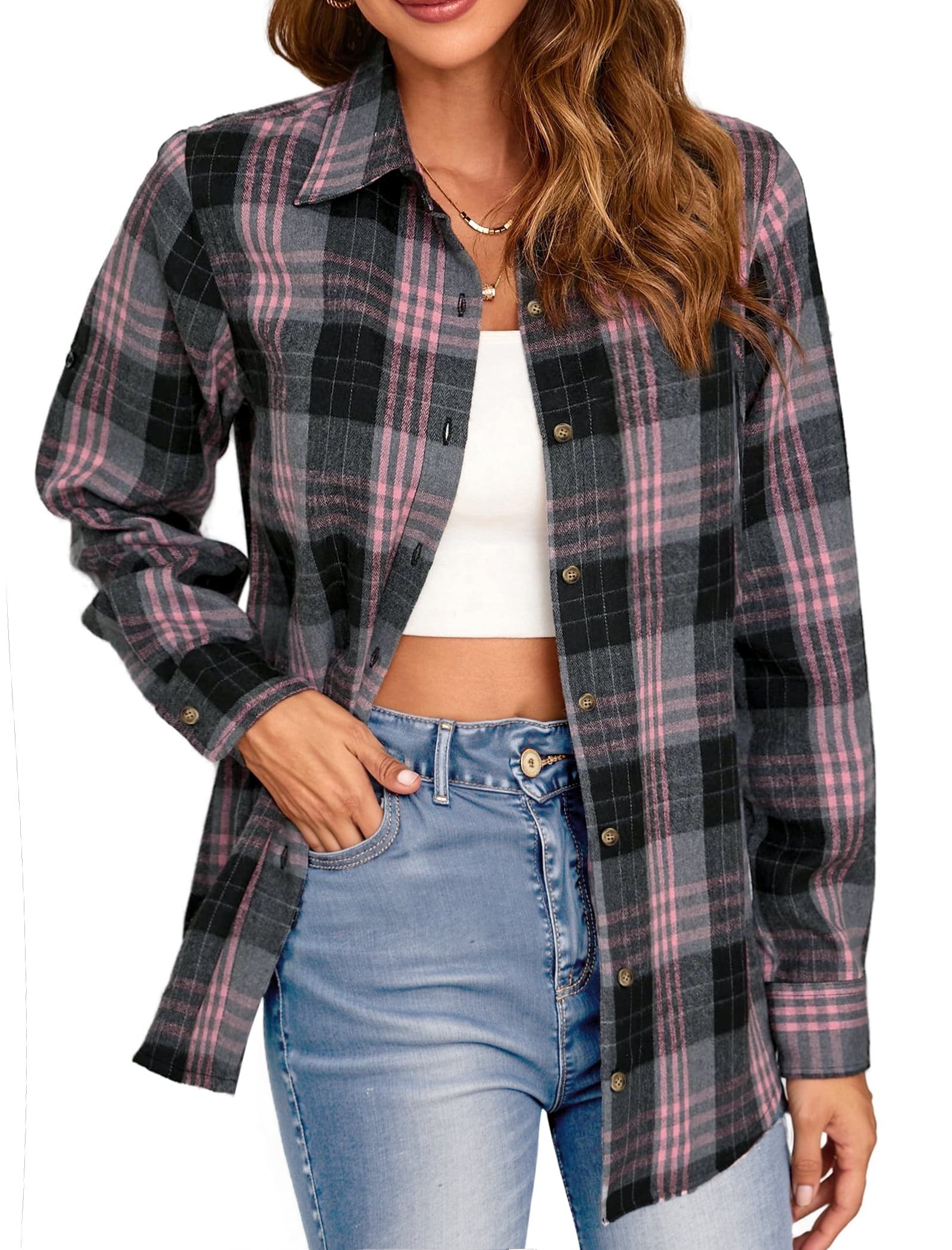 Fantaslook Plaid Flannel Shirts for Women Oversized Long Sleeve Button ...