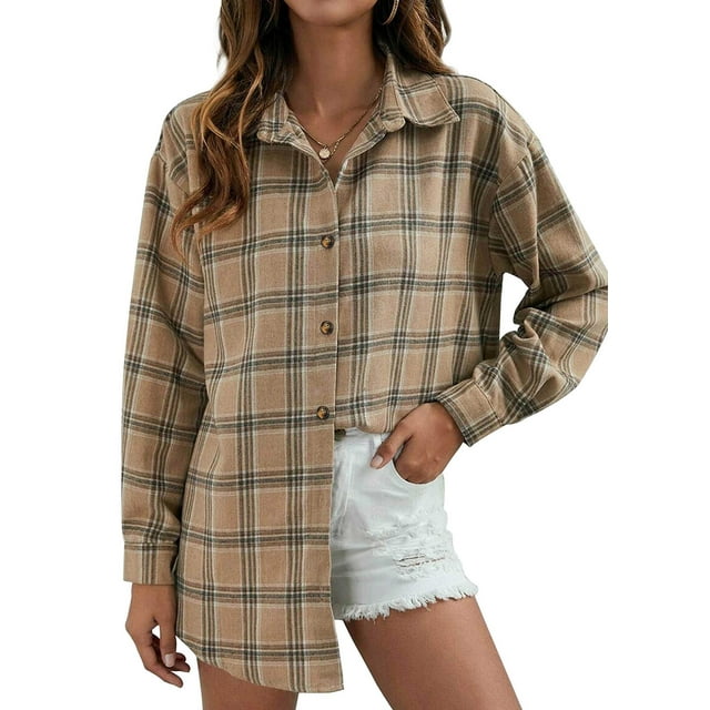 Fantaslook Plaid Flannel Shirts for Women Oversized Long Sleeve Button ...