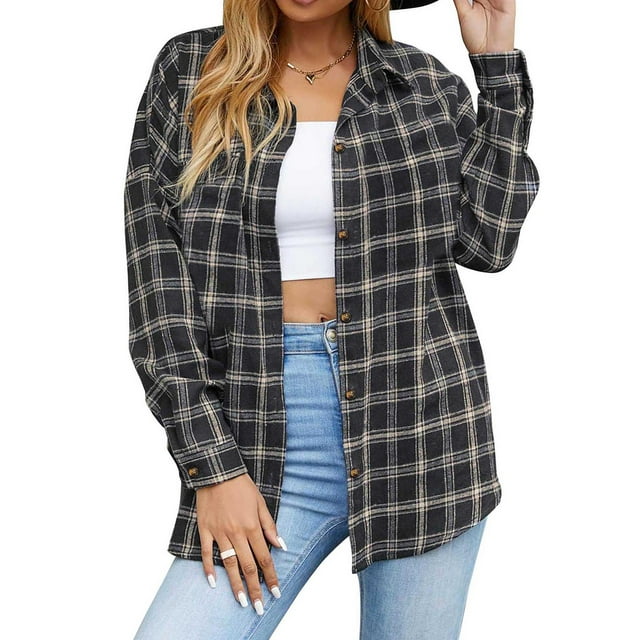 Fantaslook Plaid Flannel Shirts for Women Oversized Long Sleeve Button ...