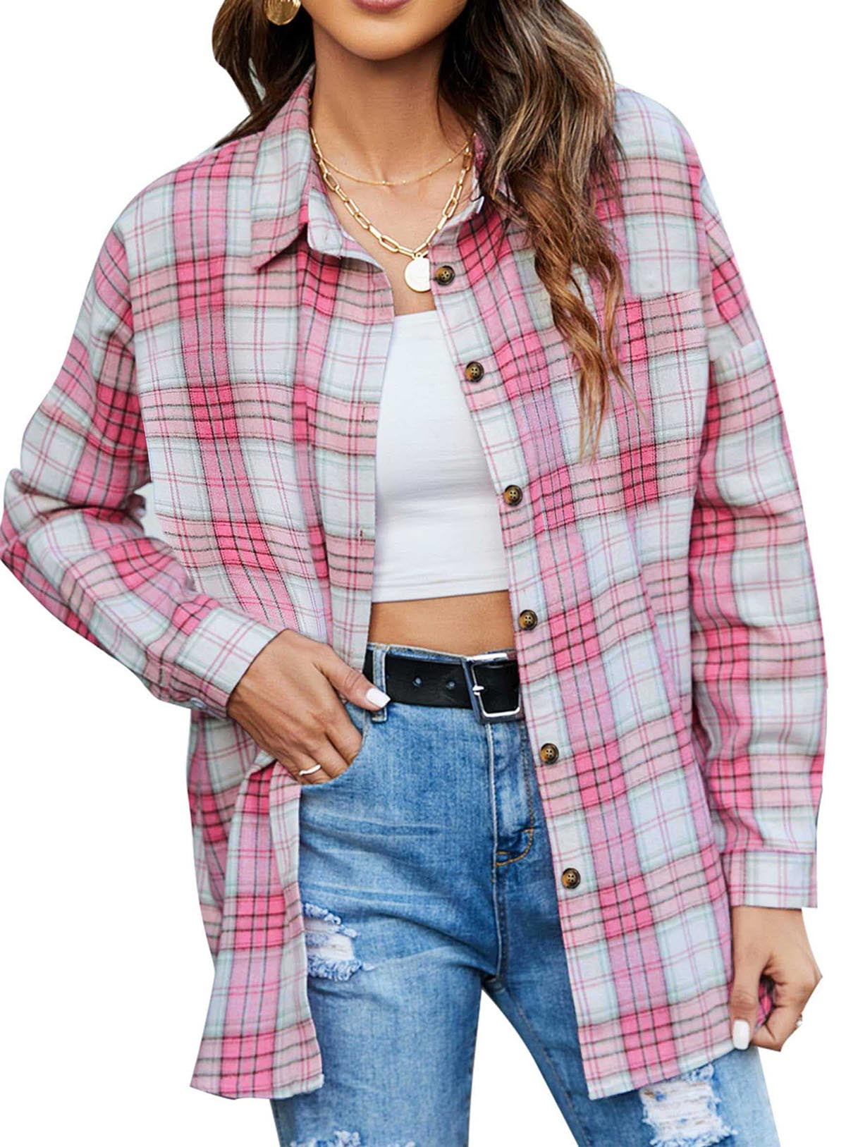 Fantaslook Plaid Flannel Shirts for Women Oversized Long Sleeve Button ...