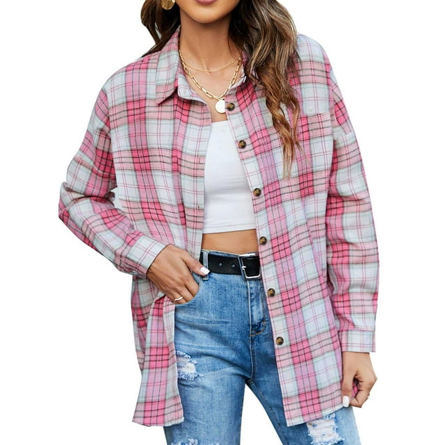 Fantaslook Plaid Flannel Shirts for Women Oversized Long Sleeve Button ...