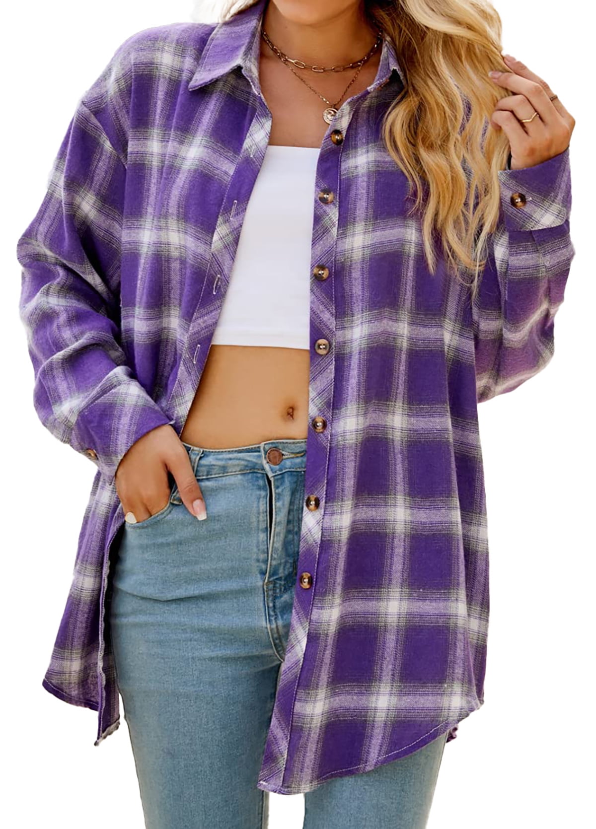 Fantaslook Plaid Flannel Shirts for Women, Oversized Long Sleeve Button ...