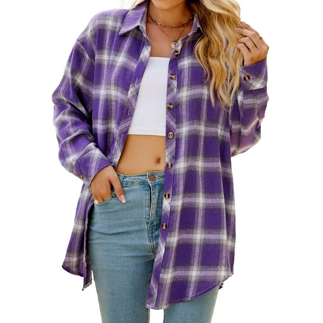 Fantaslook Plaid Flannel Shirts for Women Oversized Long Sleeve Button ...