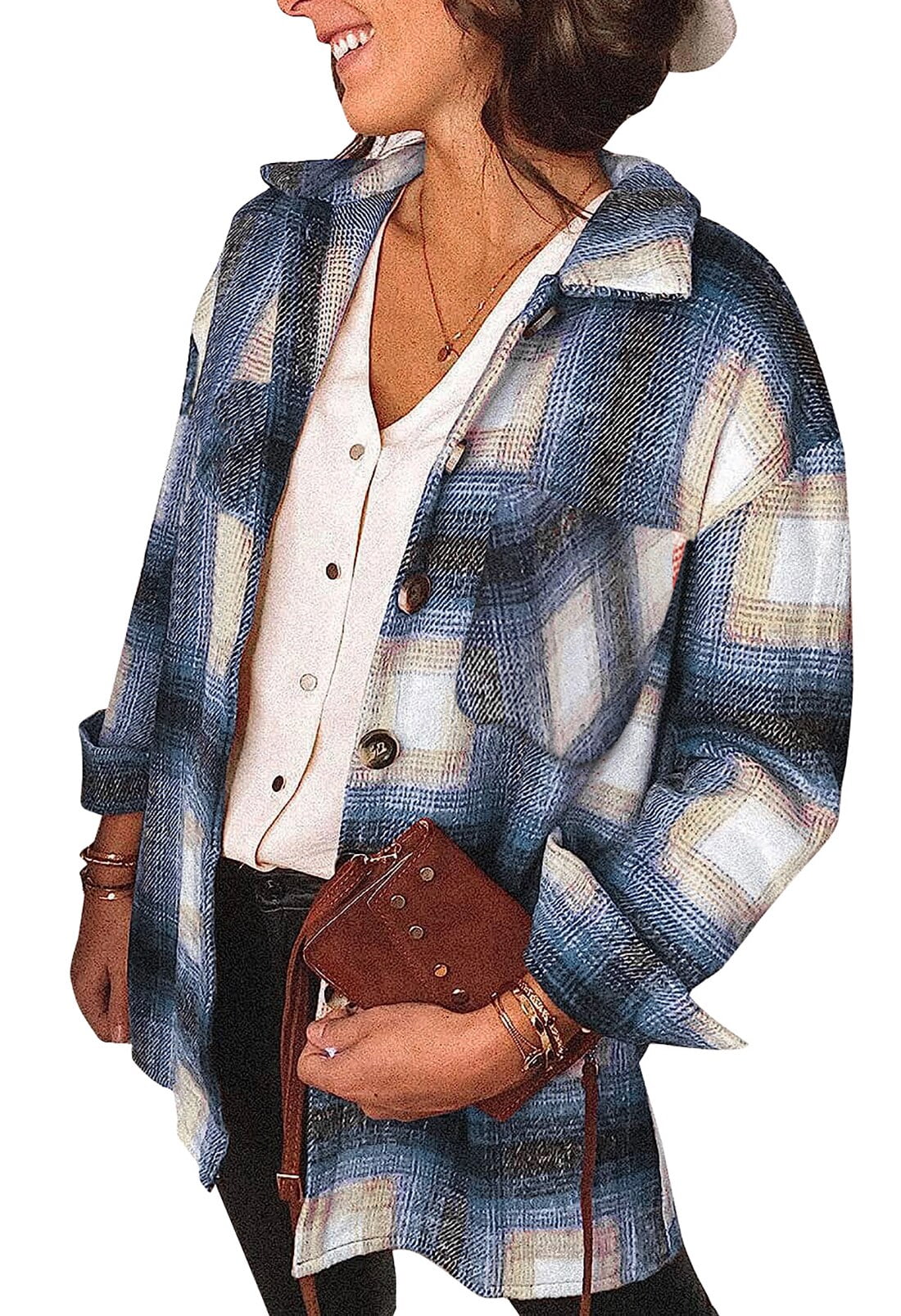Fantaslook Womens Plaid Shirts Flannel Shacket Jacket Long Sleeve ...