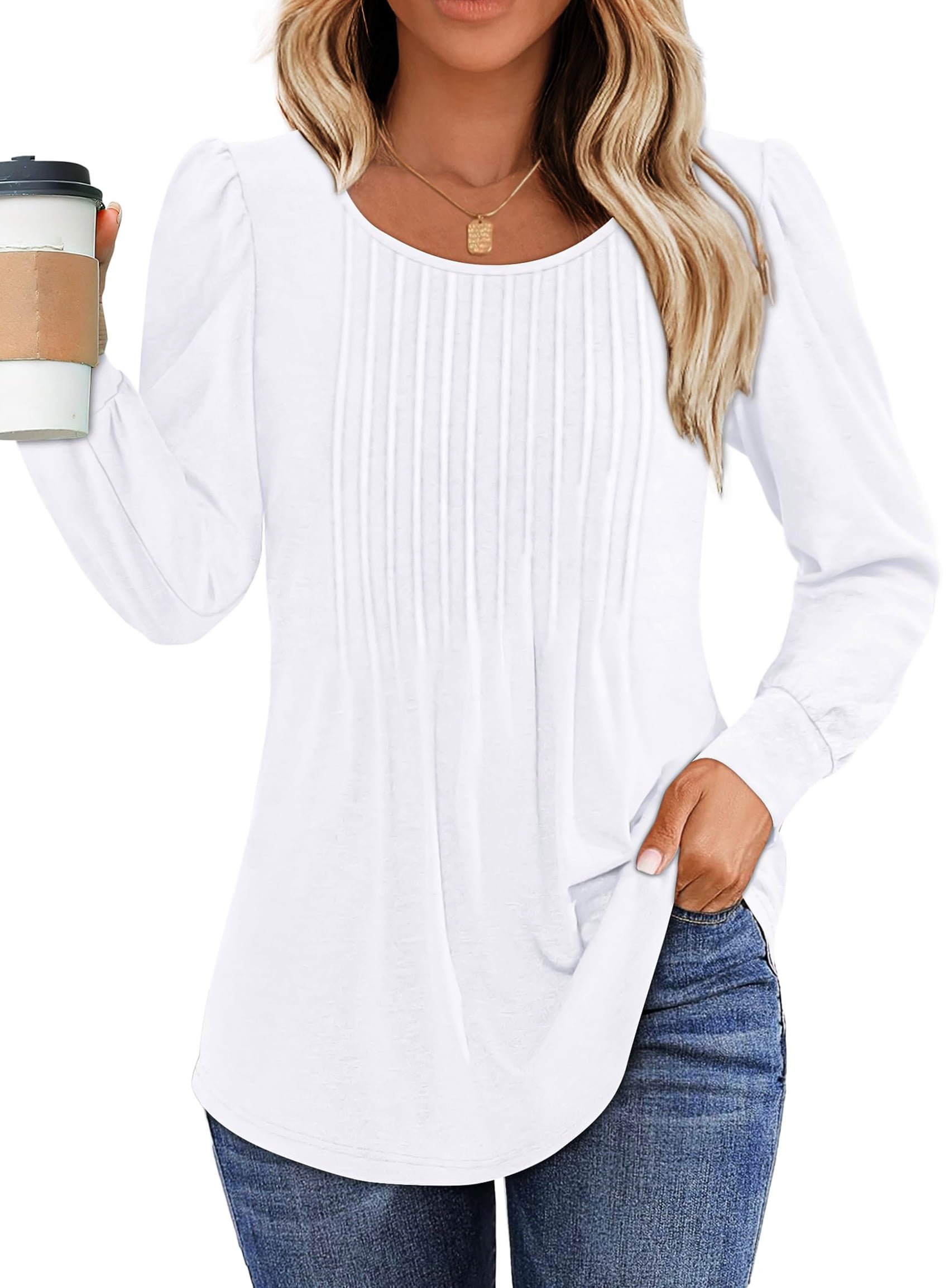 Fantaslook Pleated Blouses for Women, Long Puff Sleeve Tops, Casual ...