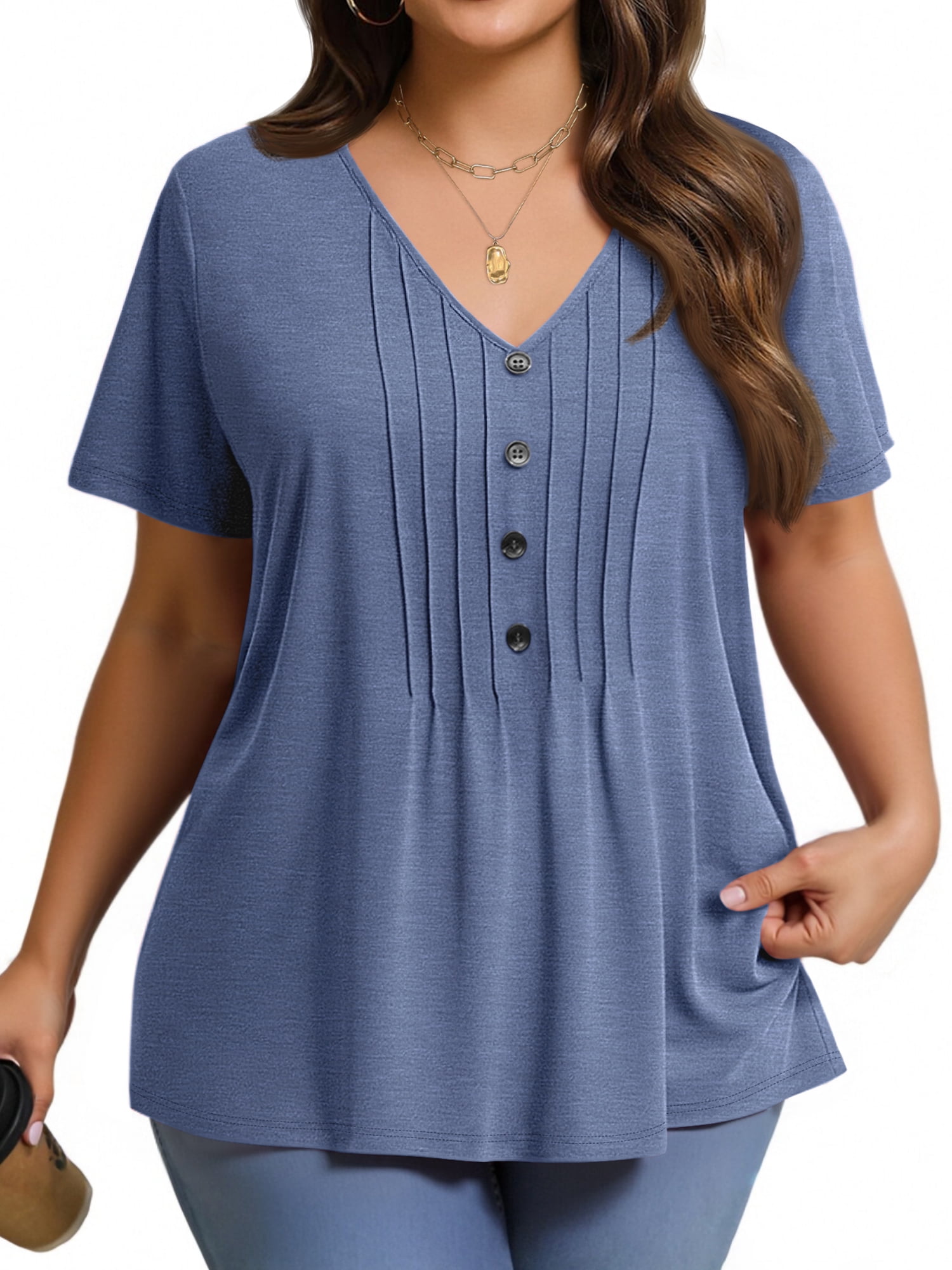 Fantaslook Plus Size Blouses for Women Pleated Button Short Sleeve ...