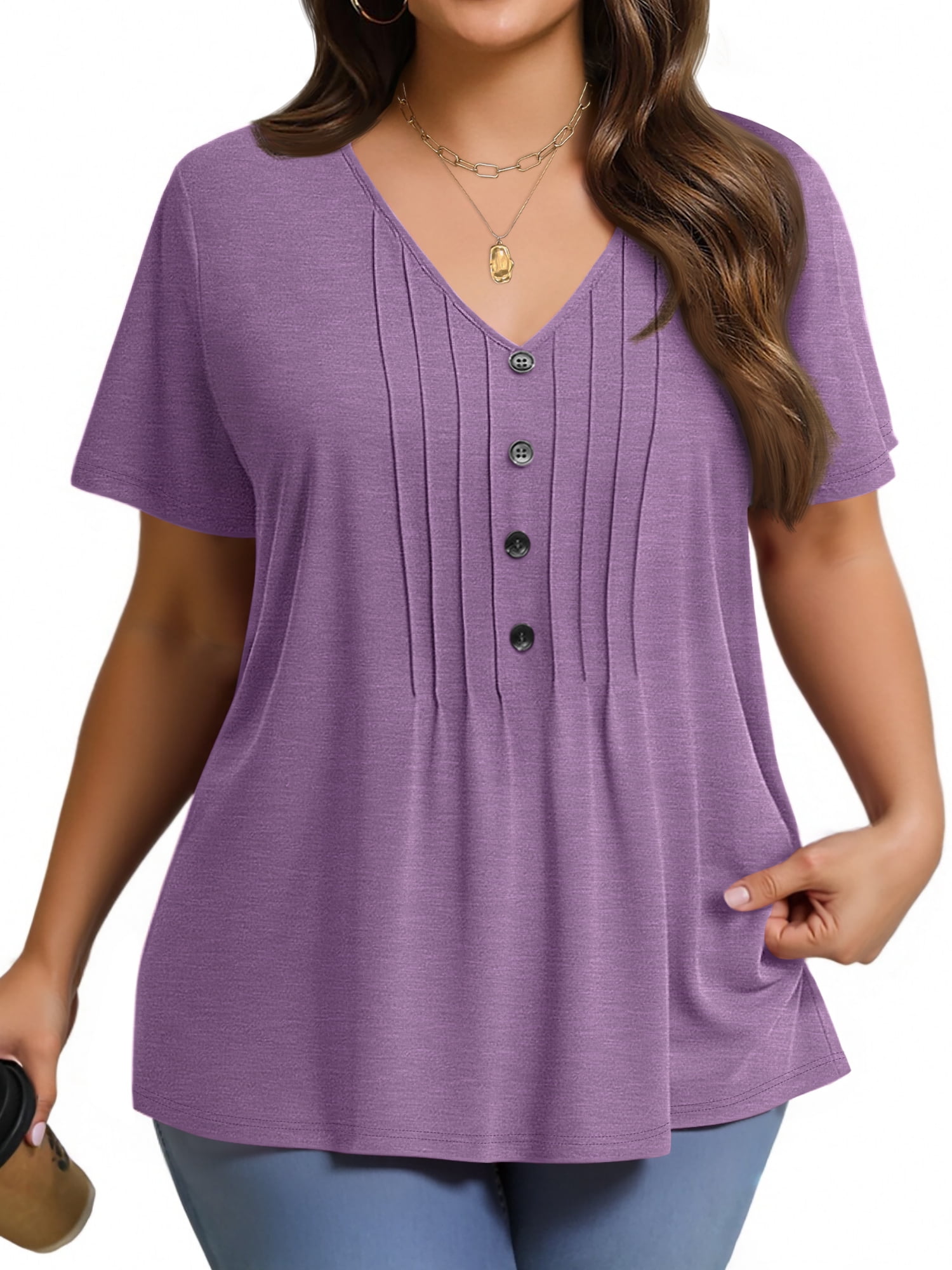 Fantaslook Plus Size Blouses, Pleated Button Short Sleeve V Neck Tunic ...