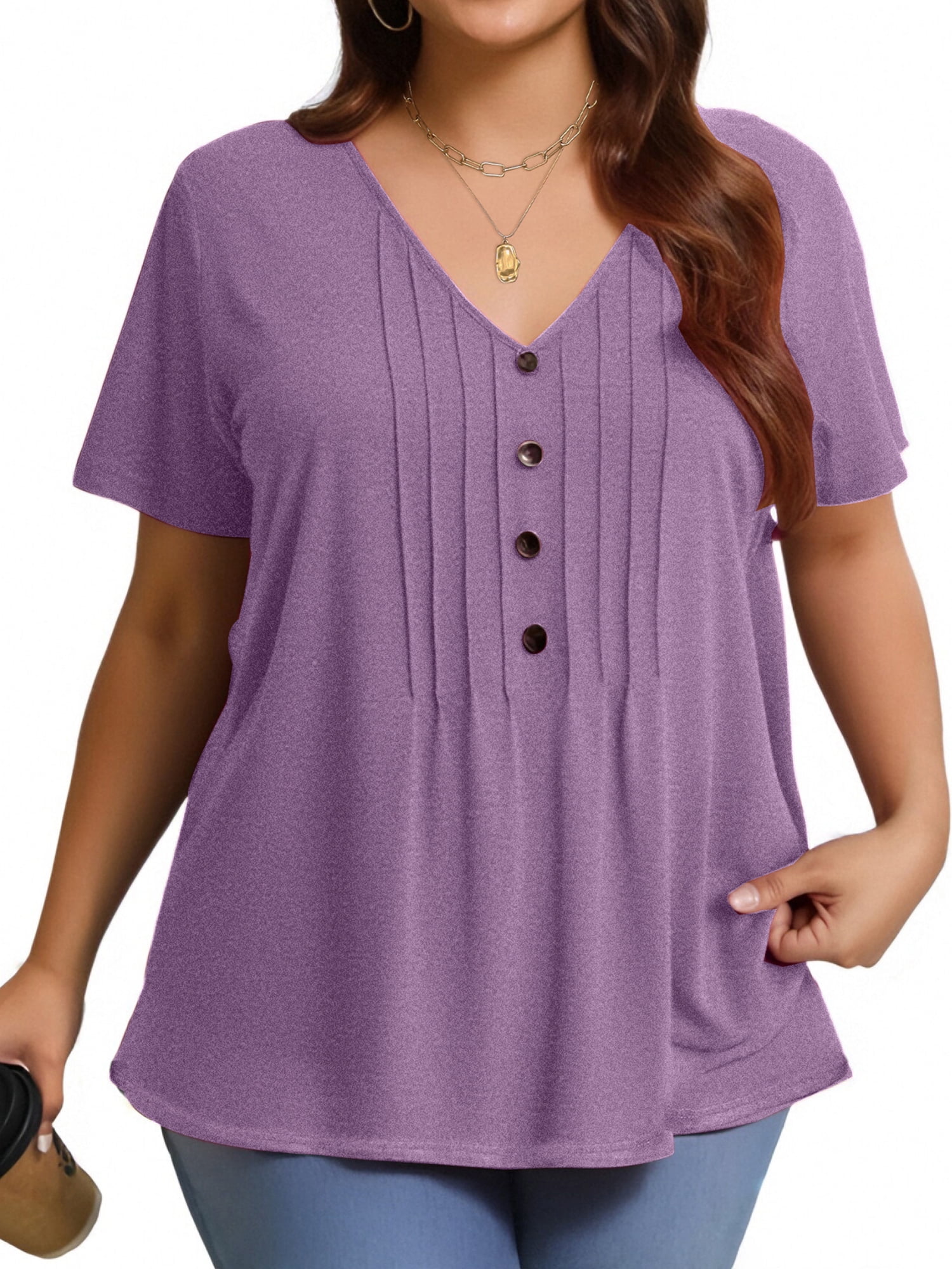 Fantaslook Plus Size Blouses for Women Pleated Button Short Sleeve ...