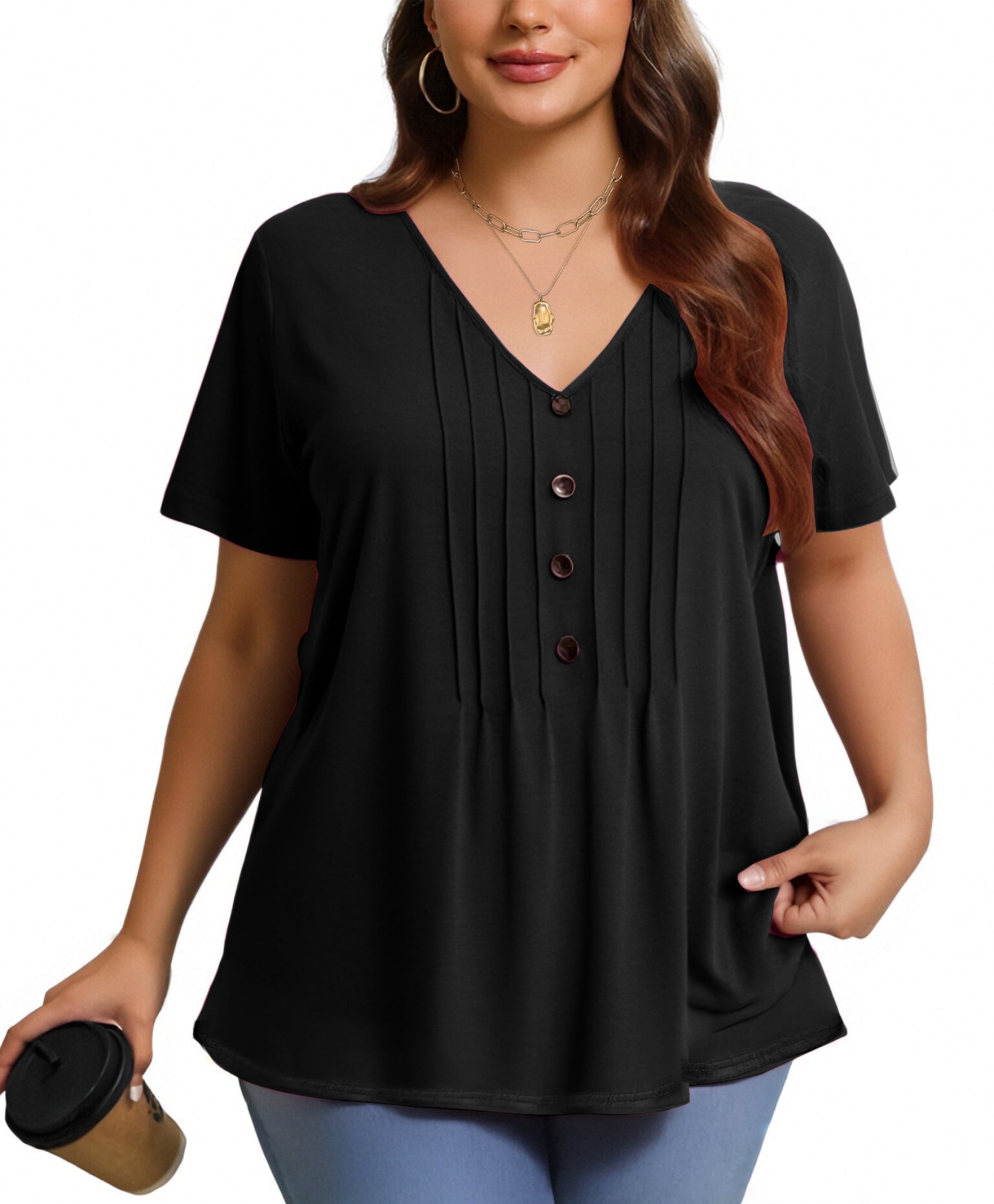 Fantaslook Plus Size Blouses for Women Pleated Button Short Sleeve ...