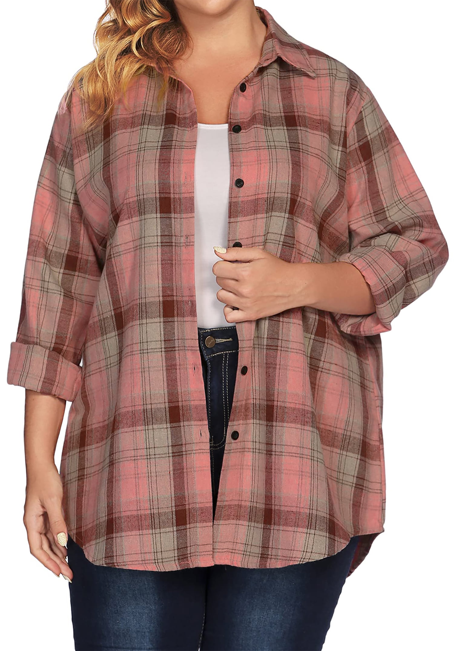 Fantaslook Plus Size Button Down Shirts for Women Long Sleeve Plaid ...