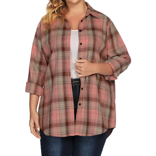 Fantaslook Plus Size Button Down Shirts for Women Long Sleeve Plaid ...