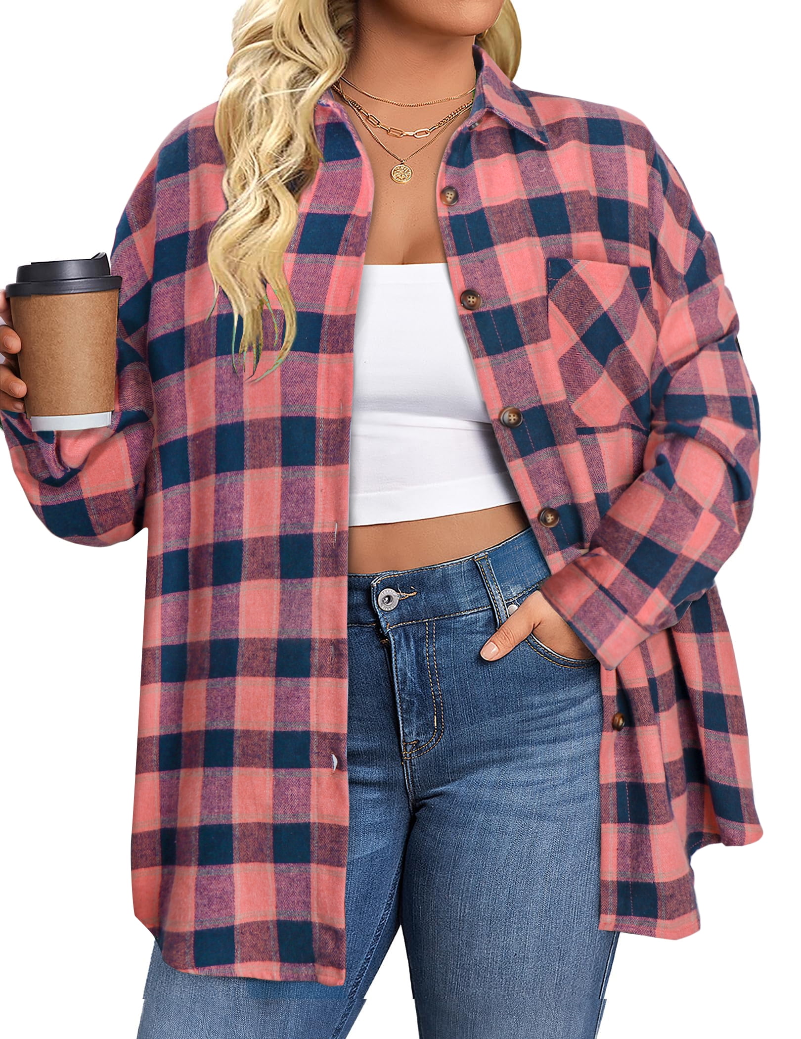 Fantaslook Plus Size Flannel Plaid Shirts for Women Long Sleeve Button ...