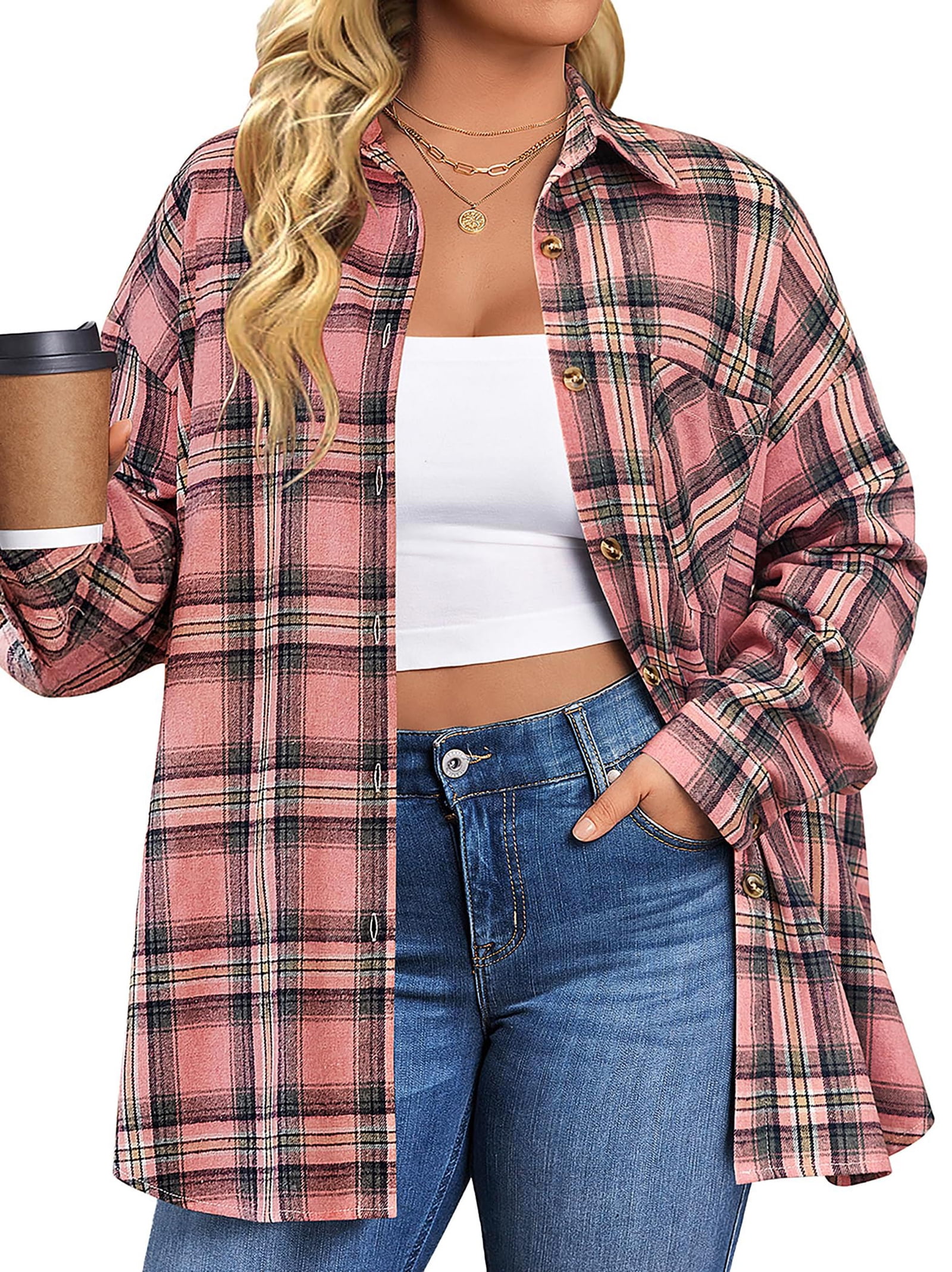 Fantaslook Plus Size Flannel Plaid Shirts for Women Long Sleeve Button ...