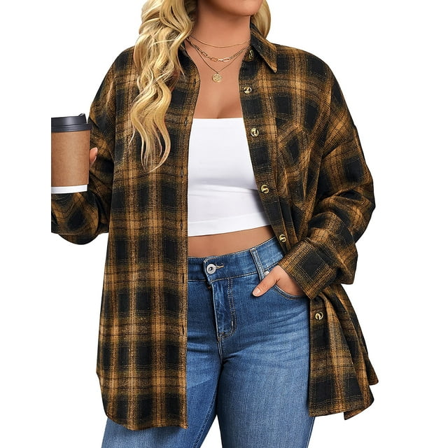 Fantaslook Plus Size Flannel Plaid Shirts for Women Long Sleeve Button ...