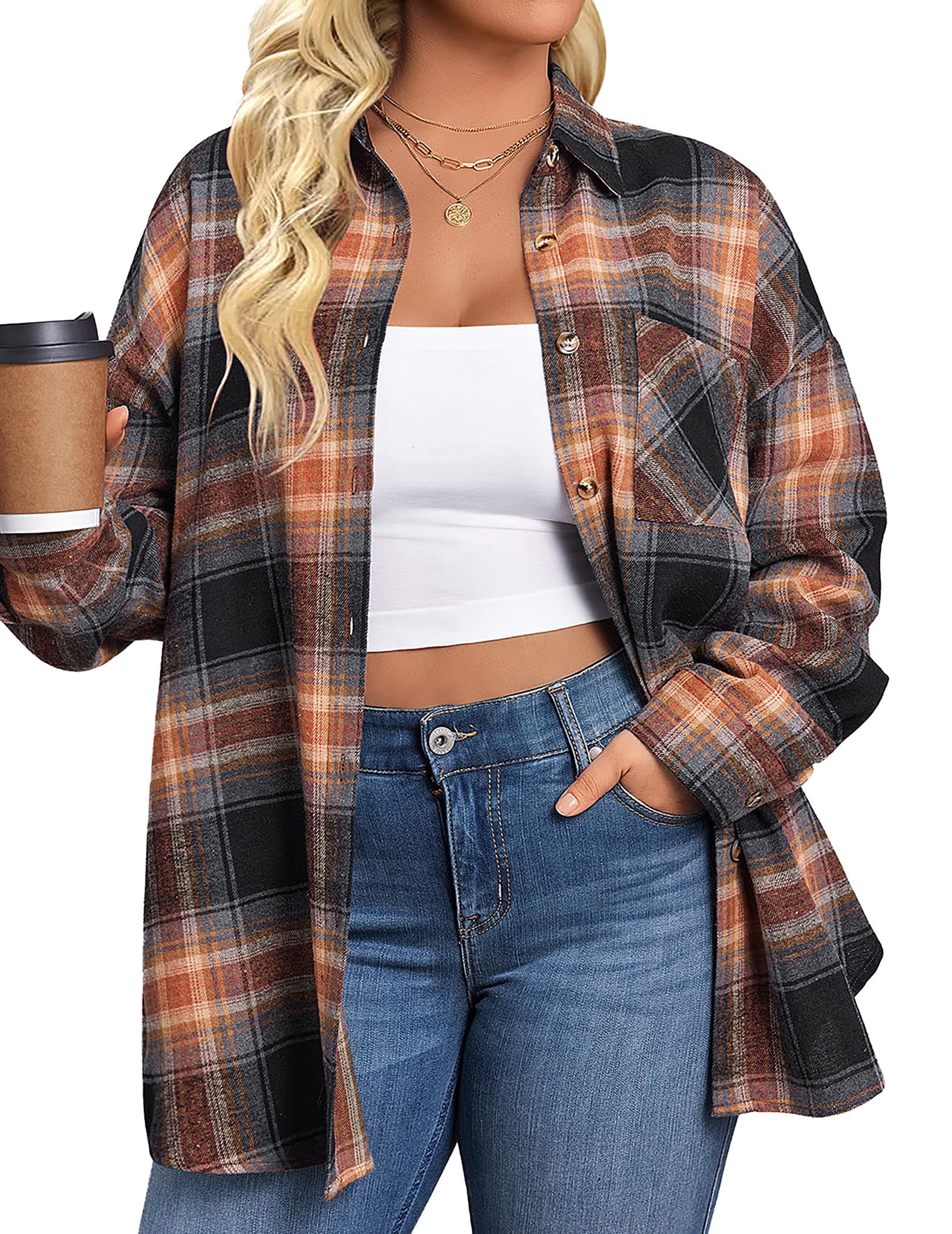 Fantaslook Plus Size Flannel Plaid Shirts for Women Long Sleeve Button ...