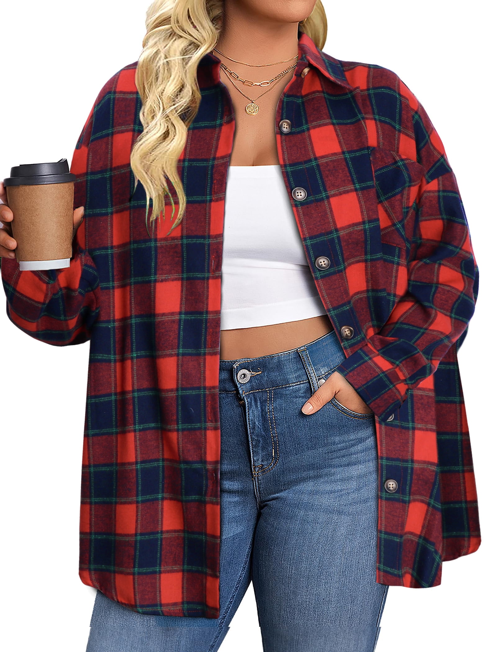 Fantaslook Plus Size Flannel Plaid Shirts for Women Long Sleeve Button ...