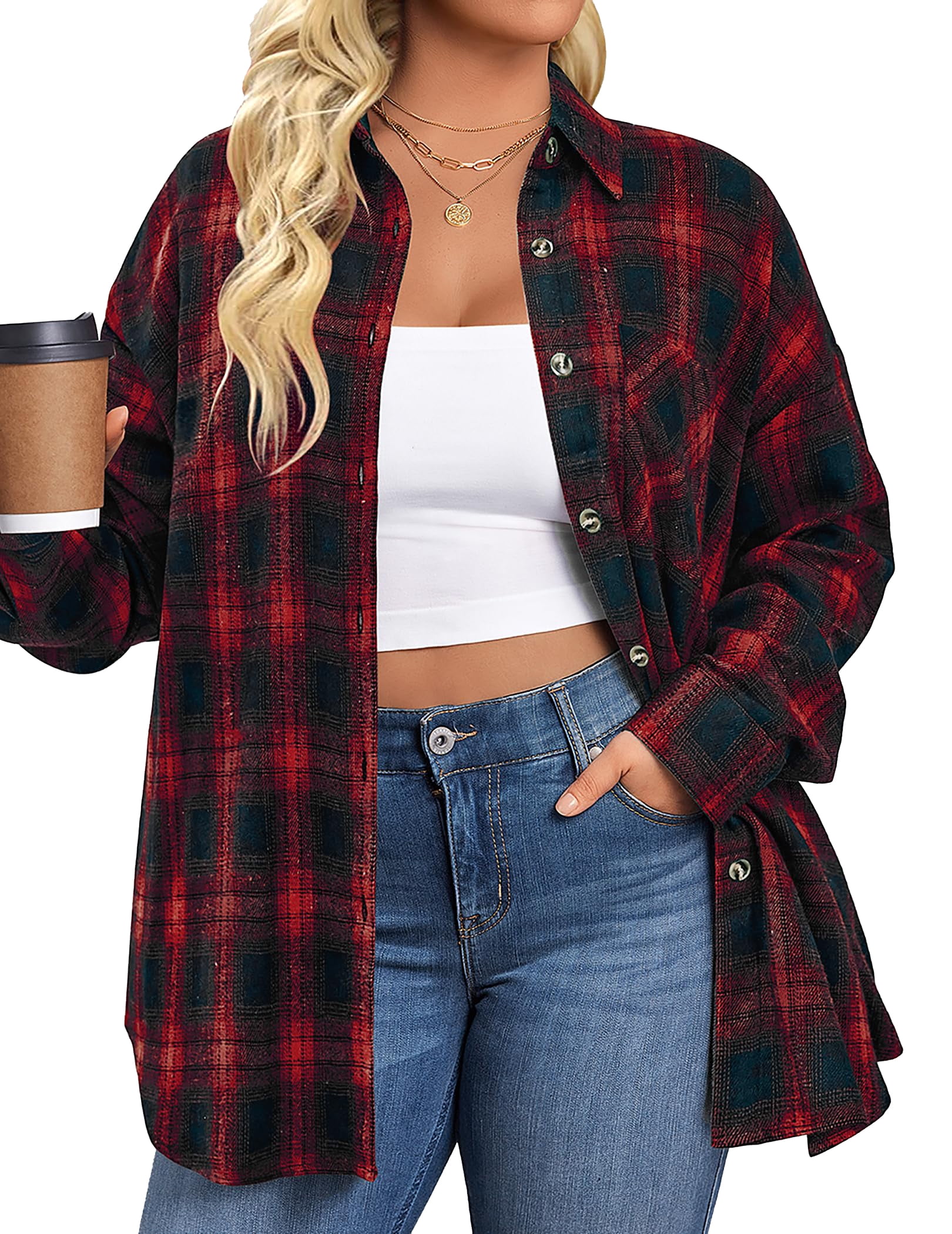 Fantaslook Plus Size Flannel Plaid Shirts for Women Long Sleeve Button ...