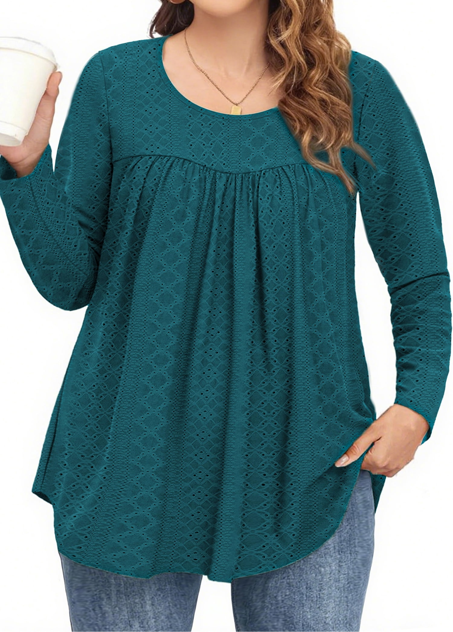 Fantaslook Plus Size Womens Tunic Tops Eyelet Dressy Long Sleeve Shirt ...