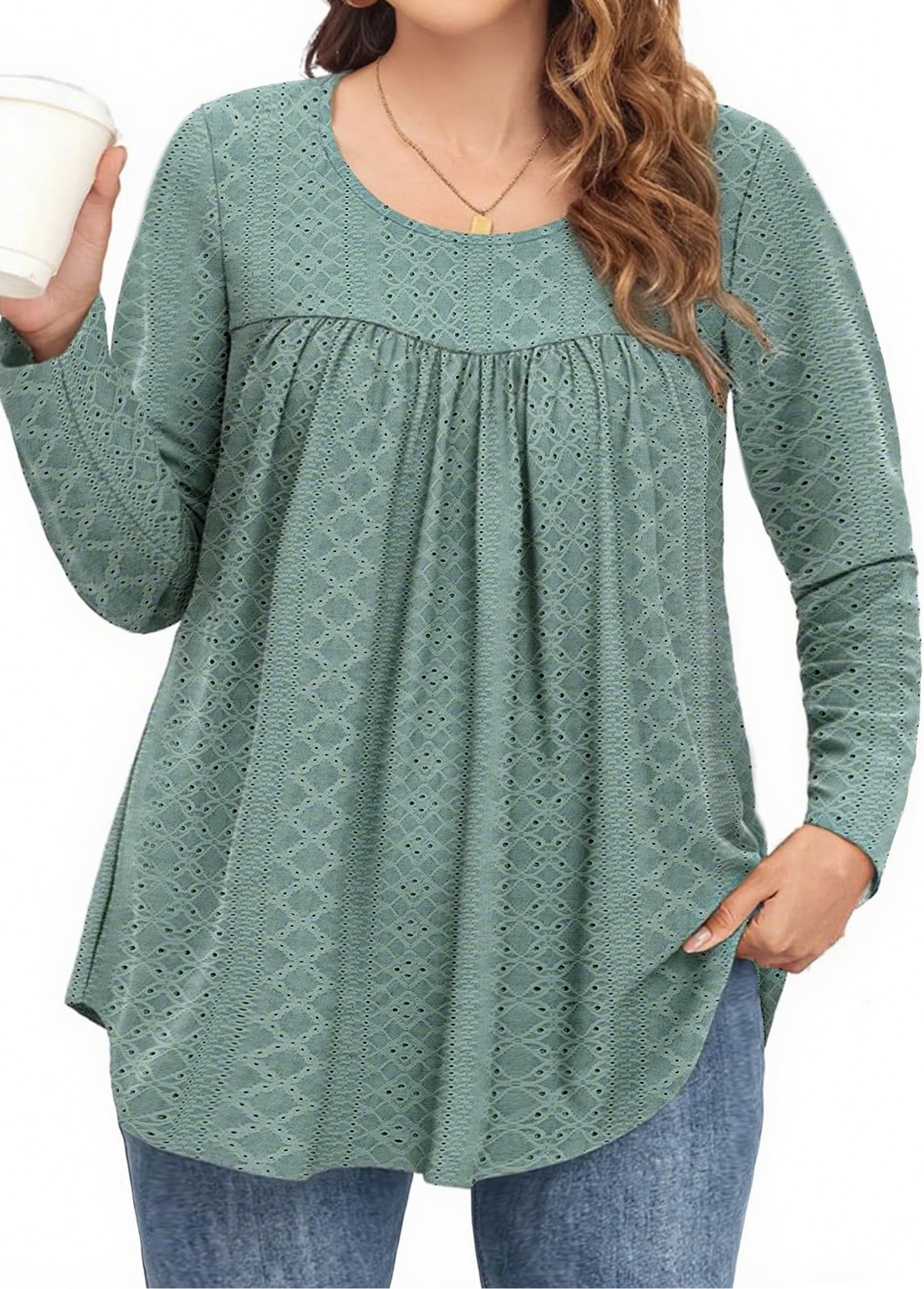 Fantaslook Plus Size Womens Tunic Tops Eyelet Dressy Long Sleeve Shirt ...
