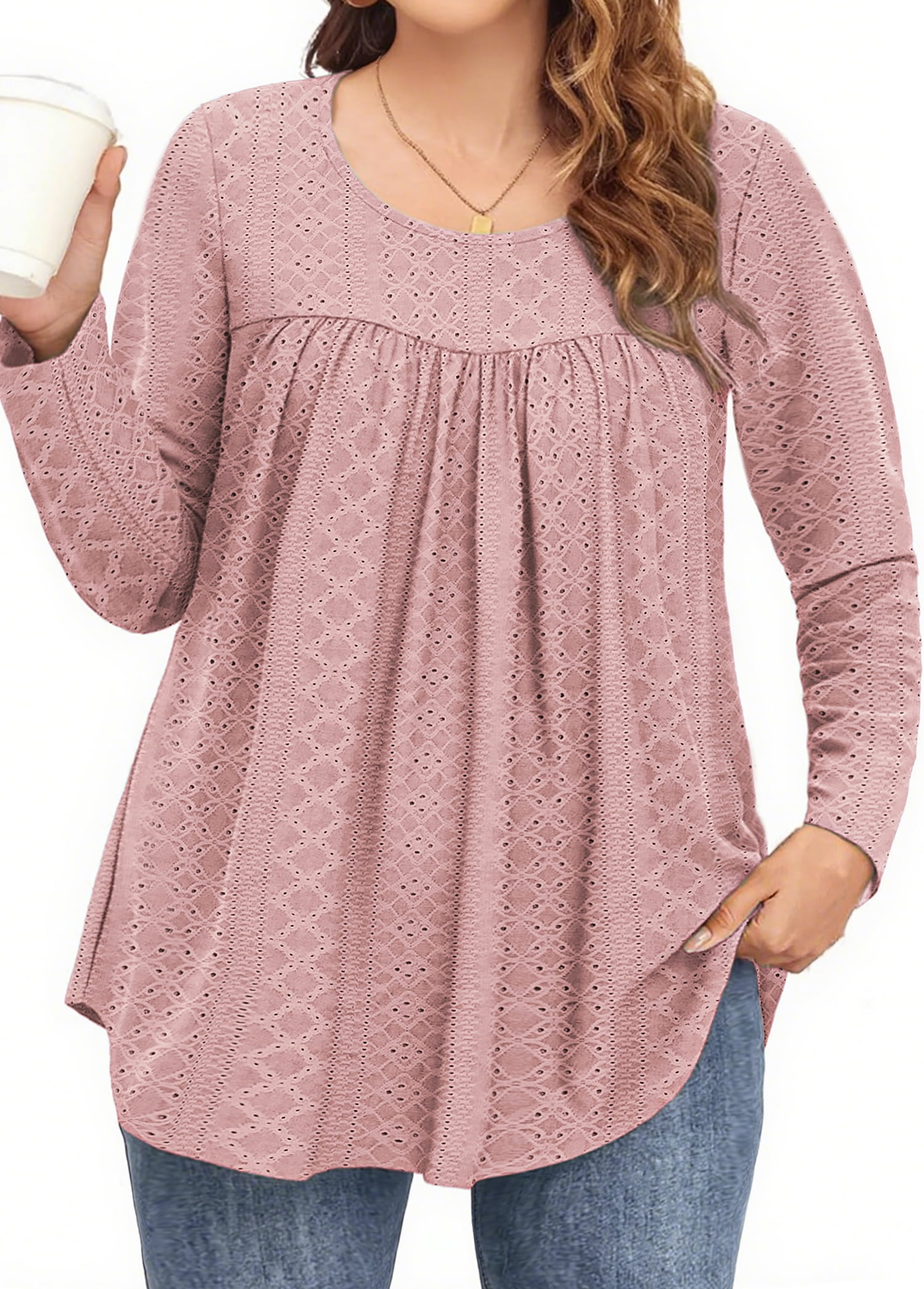 Fantaslook Plus Size Womens Tunic Tops Eyelet Dressy Long Sleeve Shirt ...