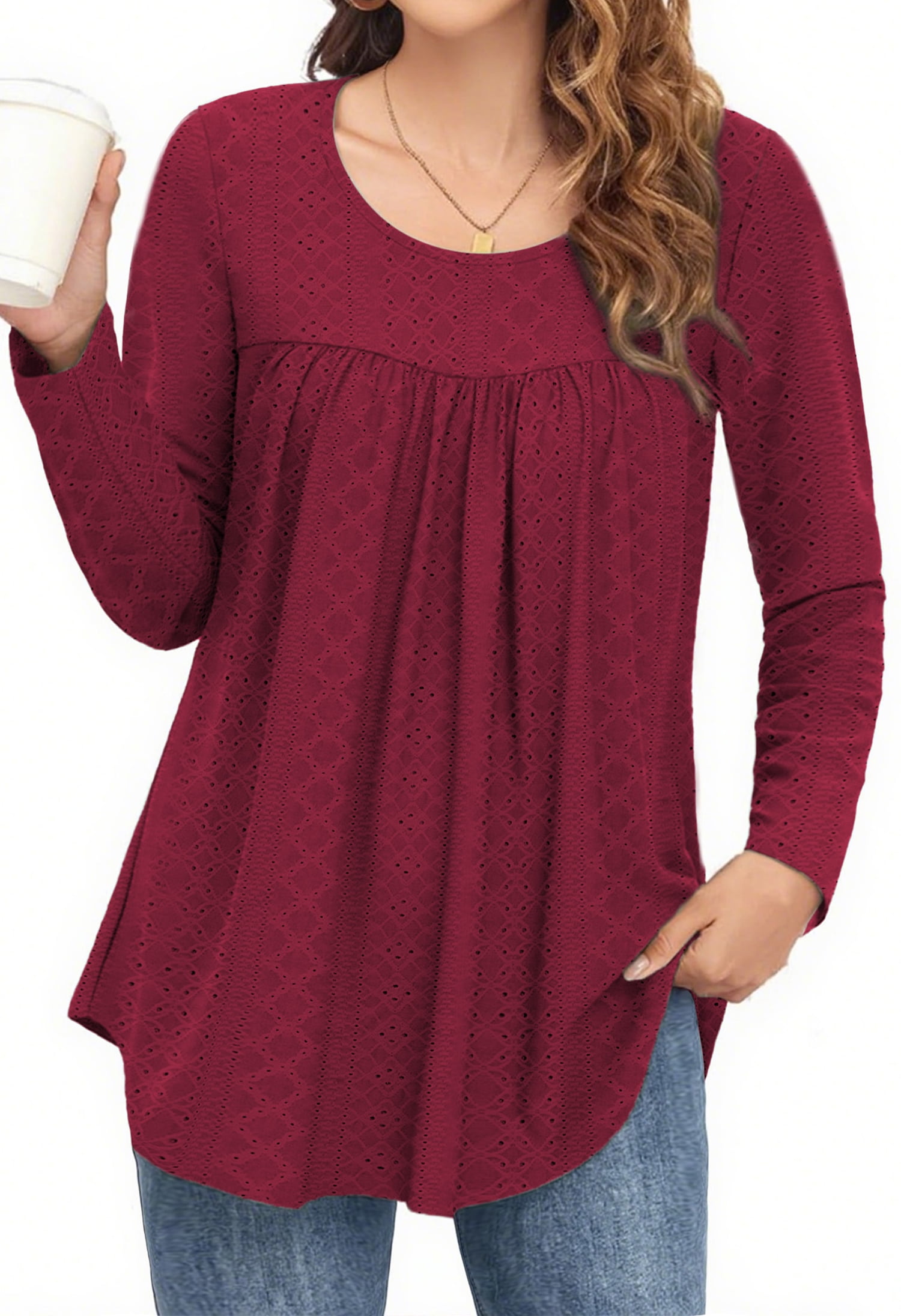 Fantaslook Plus Size Womens Tunic Tops Eyelet Dressy Long Sleeve Shirt ...
