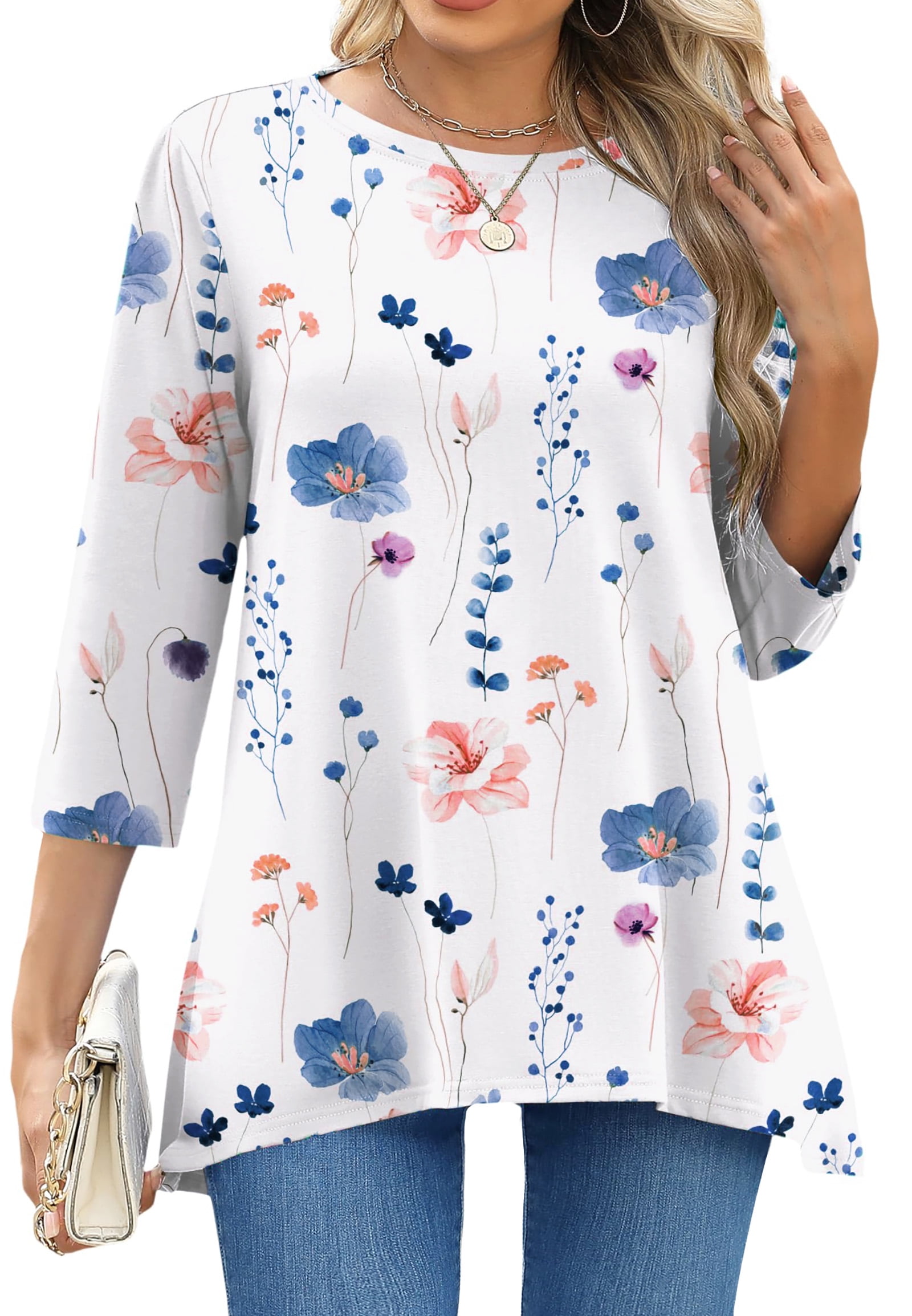 Fantaslook Plus Size Women Tunic Tops, 3/4 Sleeve Dressy Floral Shirts ...