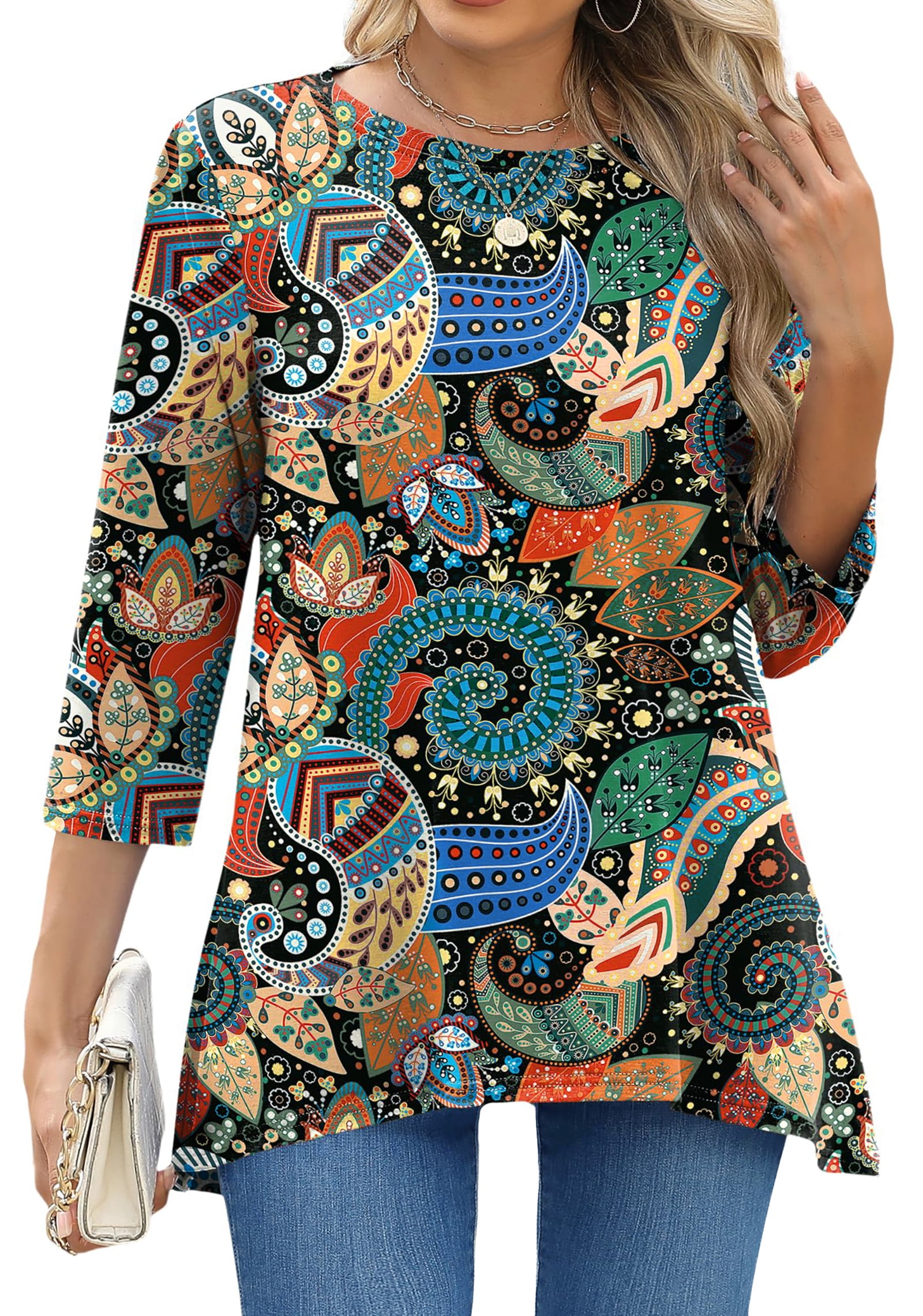 Fantaslook Plus Size Women Tunic Tops, 3/4 Sleeve Floral Blouses, Flowy ...