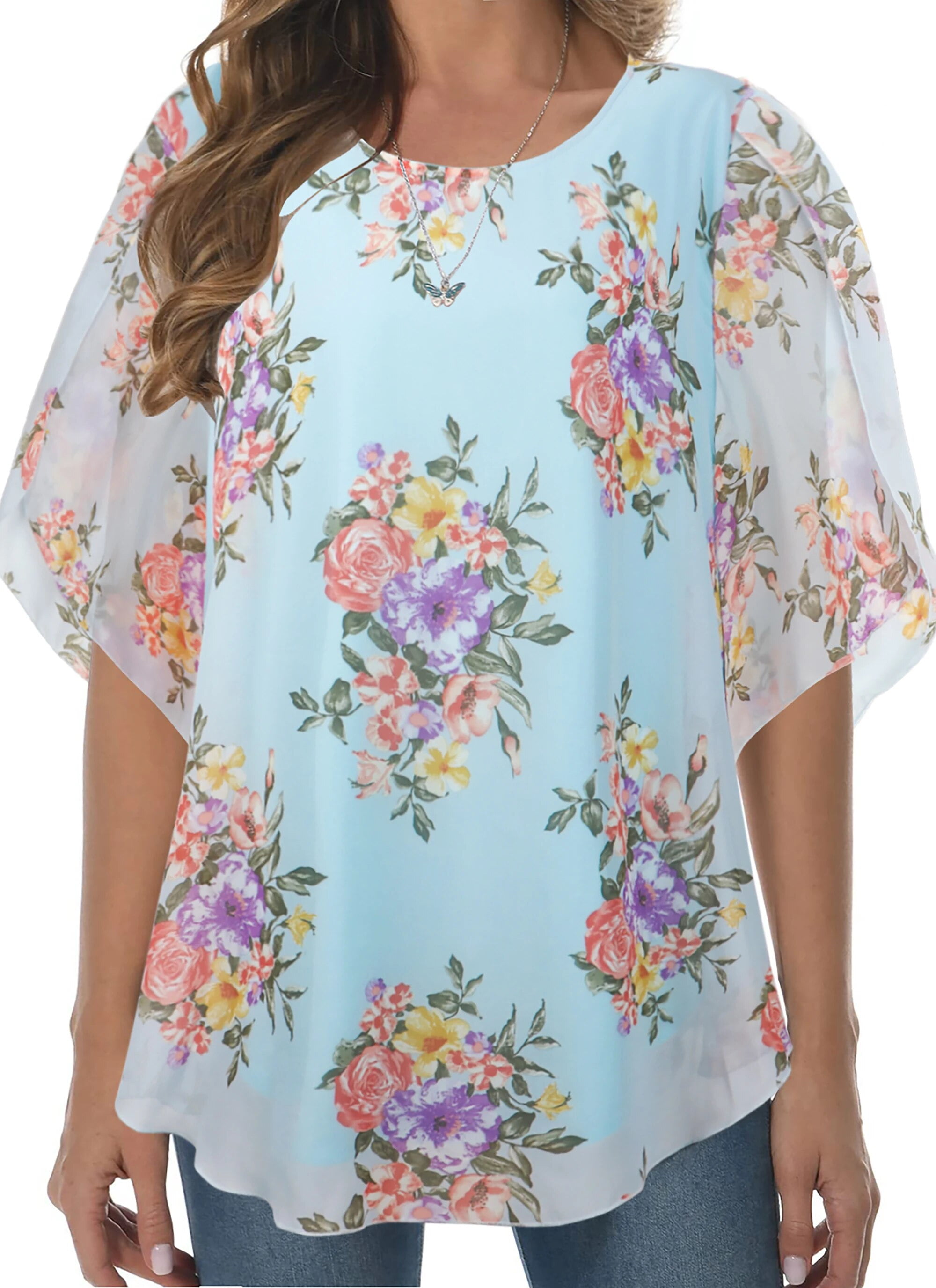 Fantaslook Plus Size Womens Blouses Floral Ruffle 3 4 Sleeve Flowy Tops