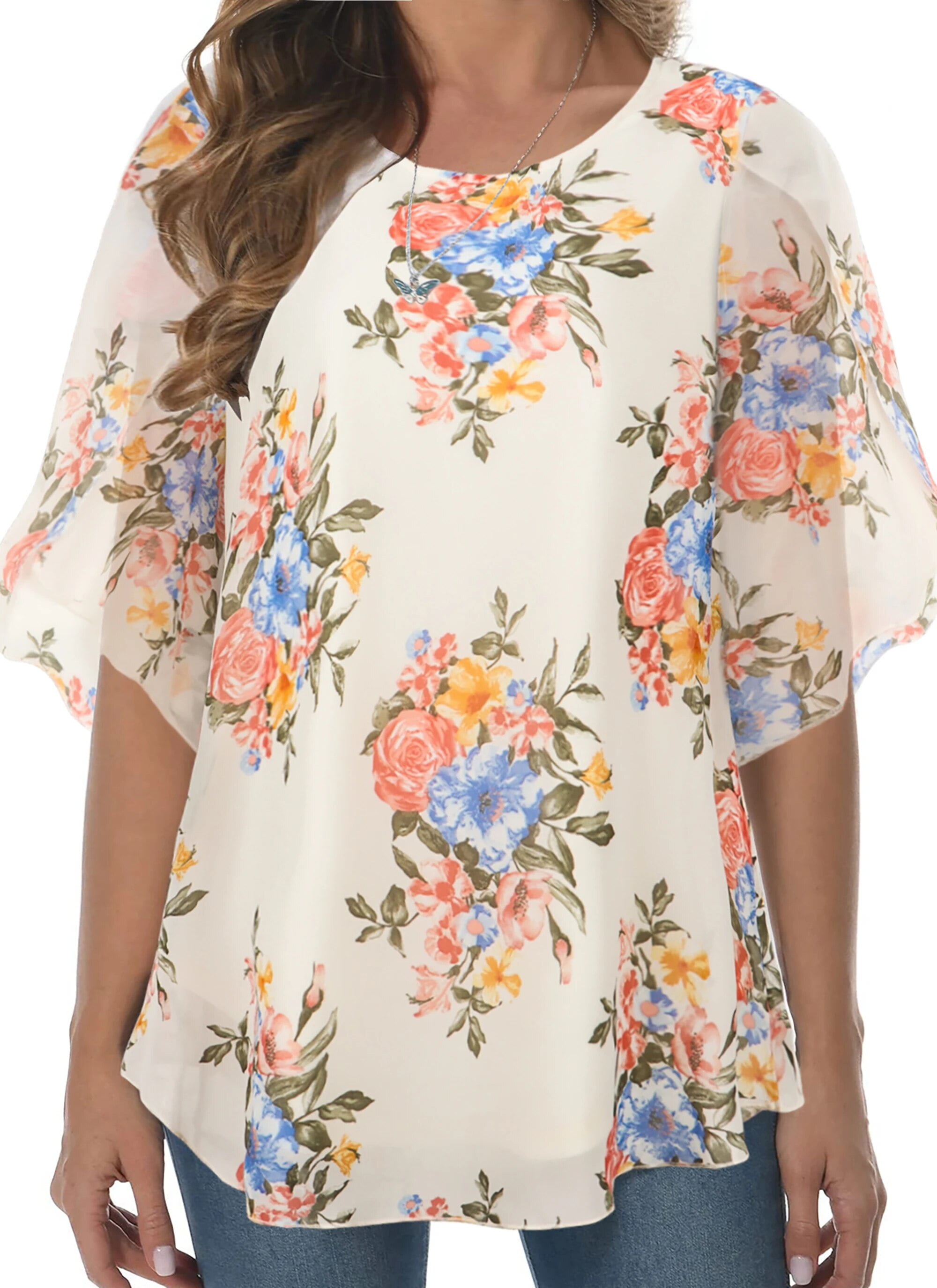 Fantaslook Plus Size Womens Blouses Floral Ruffle 3/4 Sleeve Flowy Tops ...