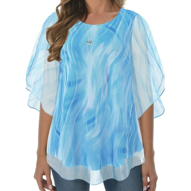 Fantaslook Plus Size Womens Blouses Floral Ruffle 3/4 Sleeve Flowy Tops ...