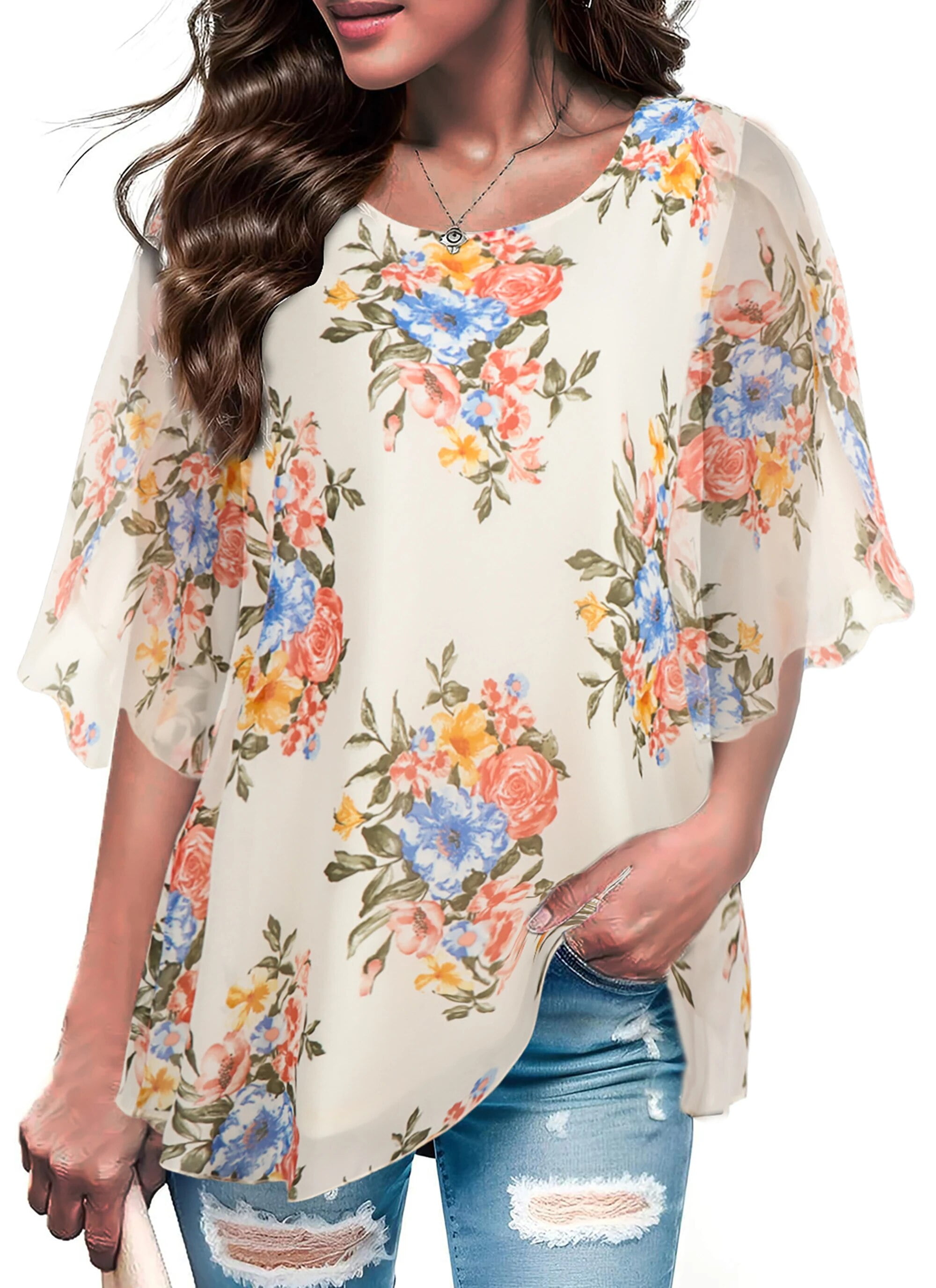 Fantaslook Womens Blouses Floral Ruffle 3/4 Sleeve Flowy Tops Mesh ...