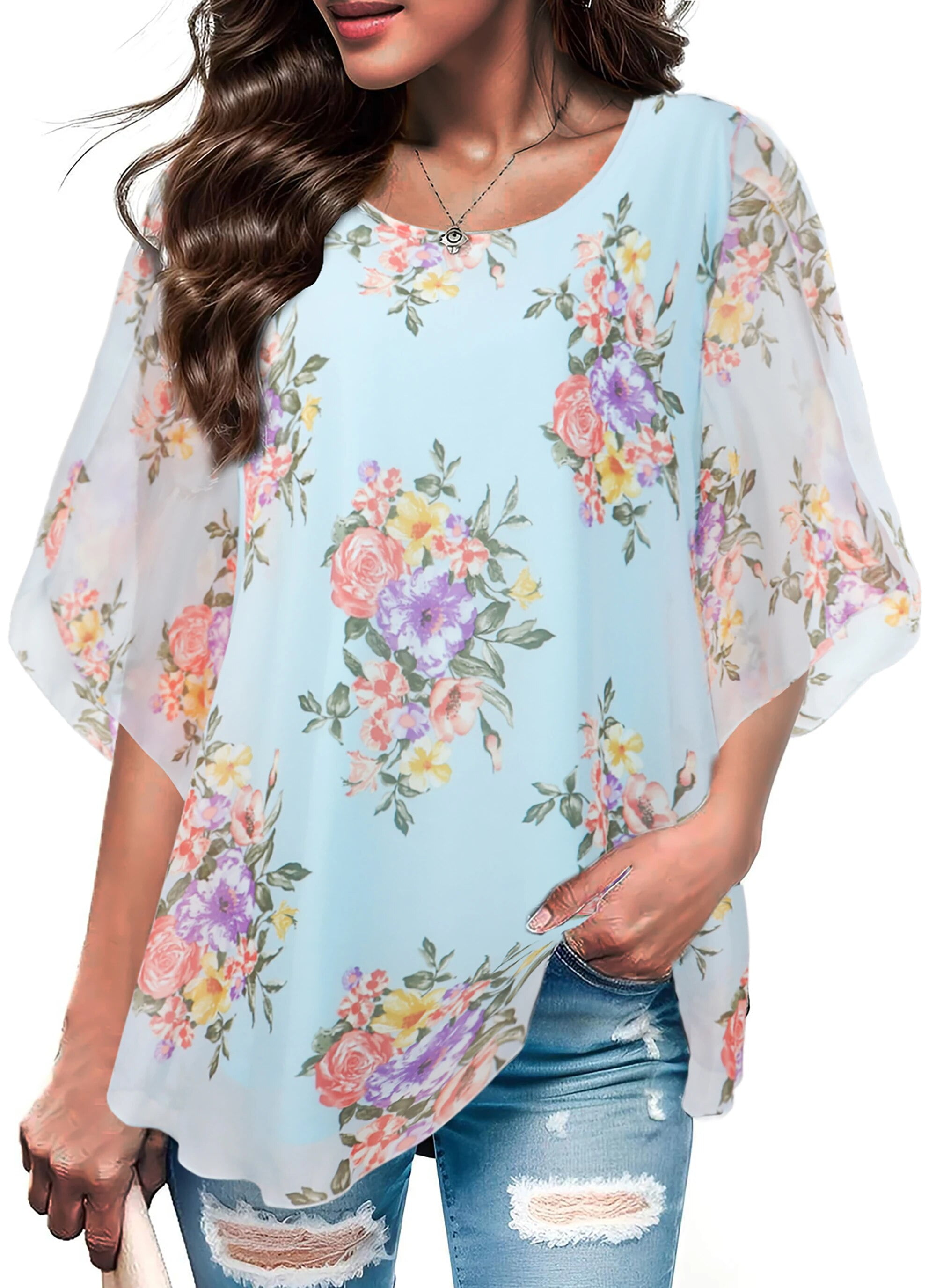 Fantaslook Womens Blouses Floral Ruffle 3/4 Sleeve Flowy Tops Mesh ...