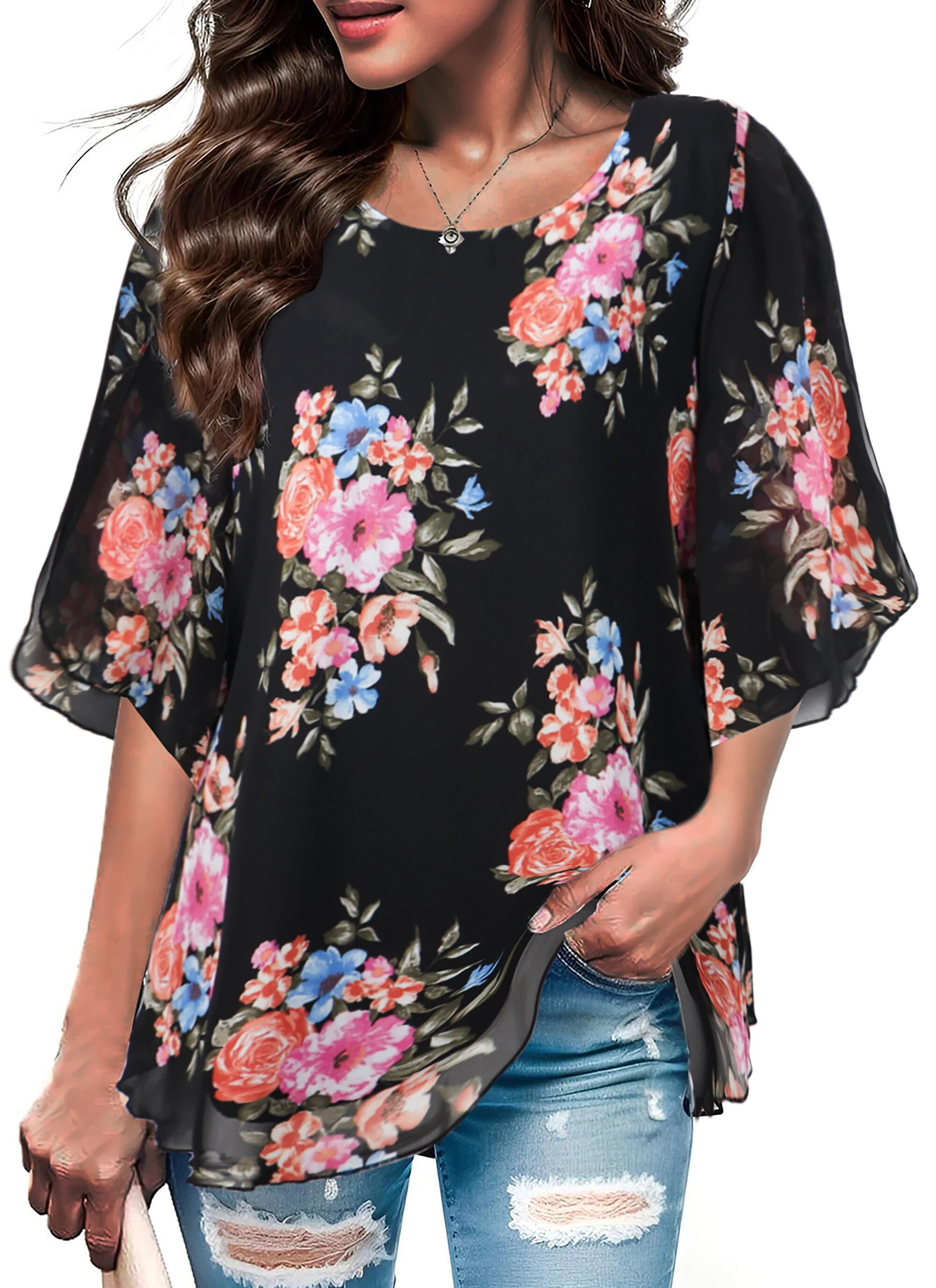 Fantaslook Womens Blouses Floral Ruffle 3/4 Sleeve Flowy Tops Mesh ...