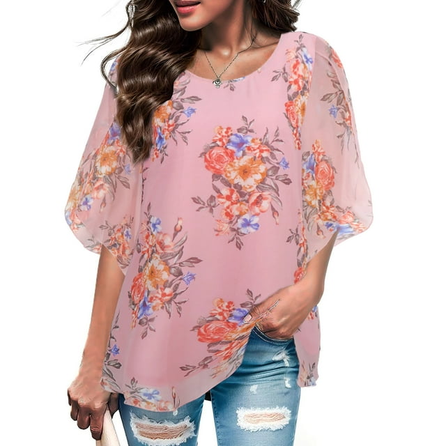 Fantaslook Womens Blouses Floral Ruffle 3/4 Sleeve Flowy Tops Mesh ...